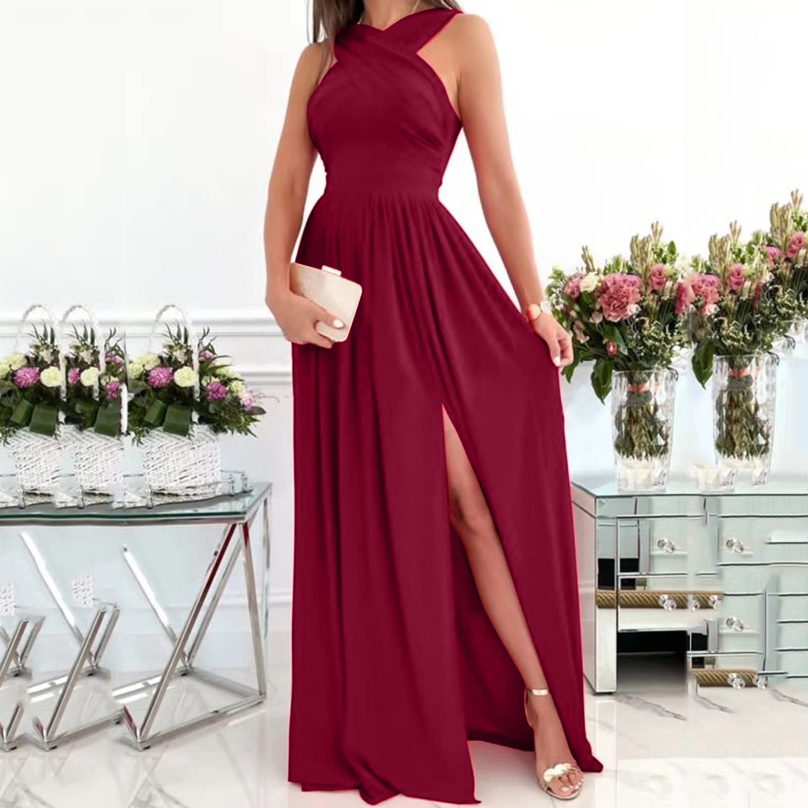 Pinkpaopao Deep V Neck Maxi Dress for Women Solid Color Elegant Swing Dress High Waisted Side Split Long Beach Dress