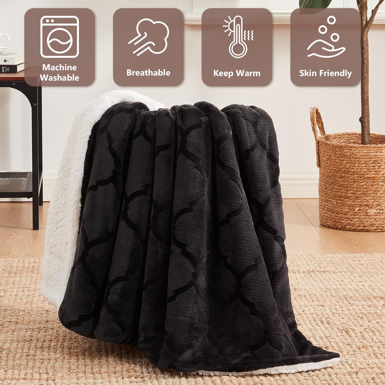 L'AGRATY Sherpa Throw Blanket - Fleece Fluffy Warm Blanket for Couch - 50''x60'' Double Reversible Thick Plush Blanket for Bed - Fuzzy Throw Plaid Checkerboard Blanket for Sofa (Red - Black)