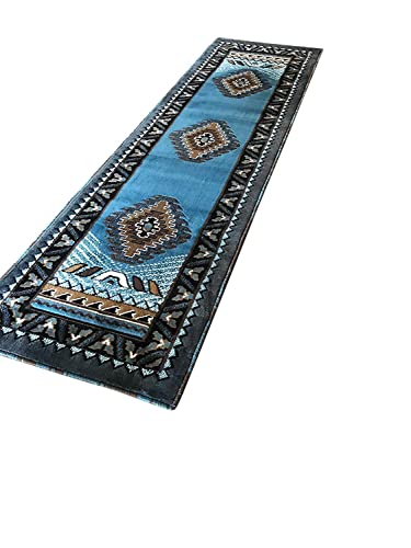 Kingdom Southwest Native American Runner Area Rug Blue & Brown Design D143 (2 Feet X 7 Feet)