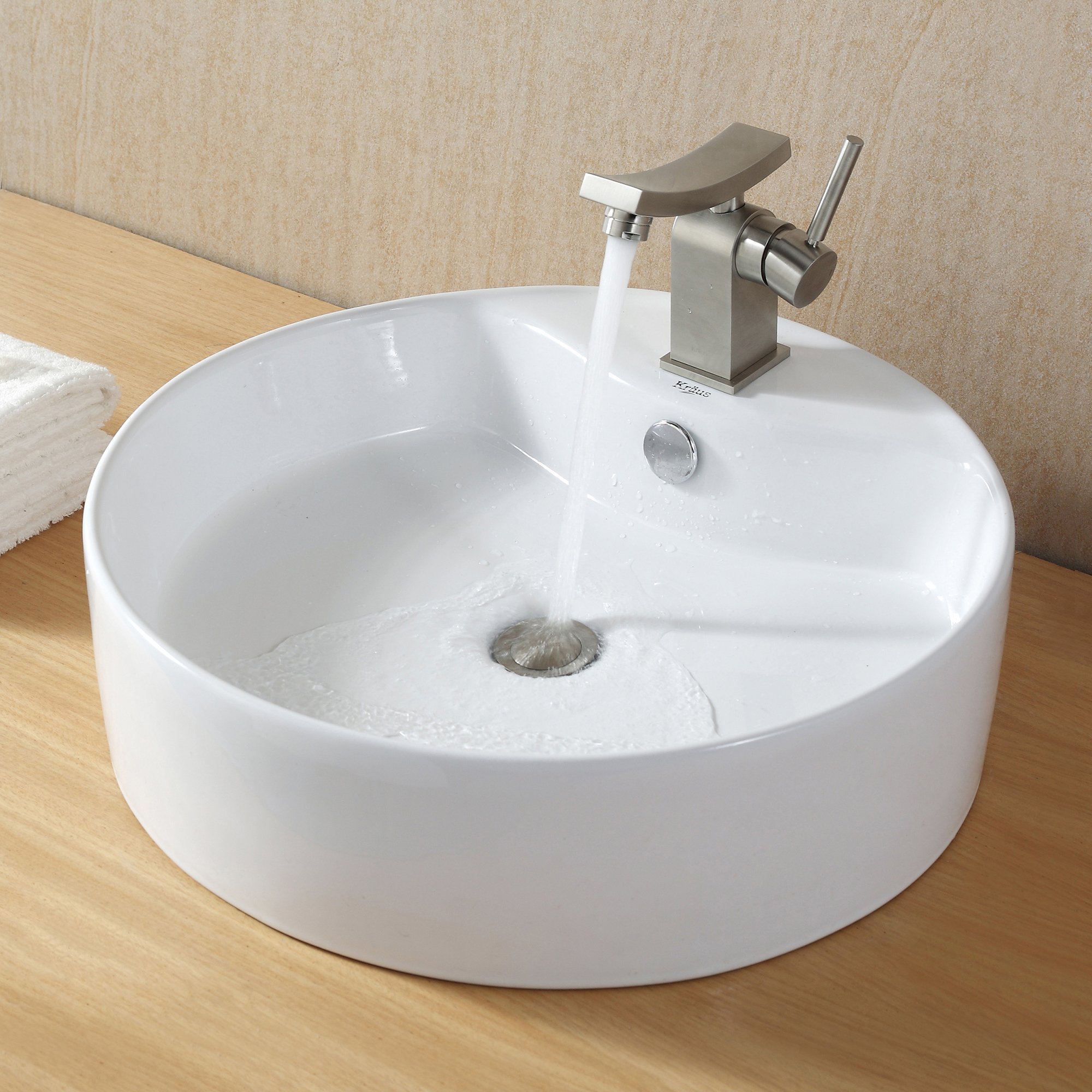 Kraus KCV-142-SN White Round Ceramic Bathroom Sink and Pop Up Drain with Overflow Satin Nickel