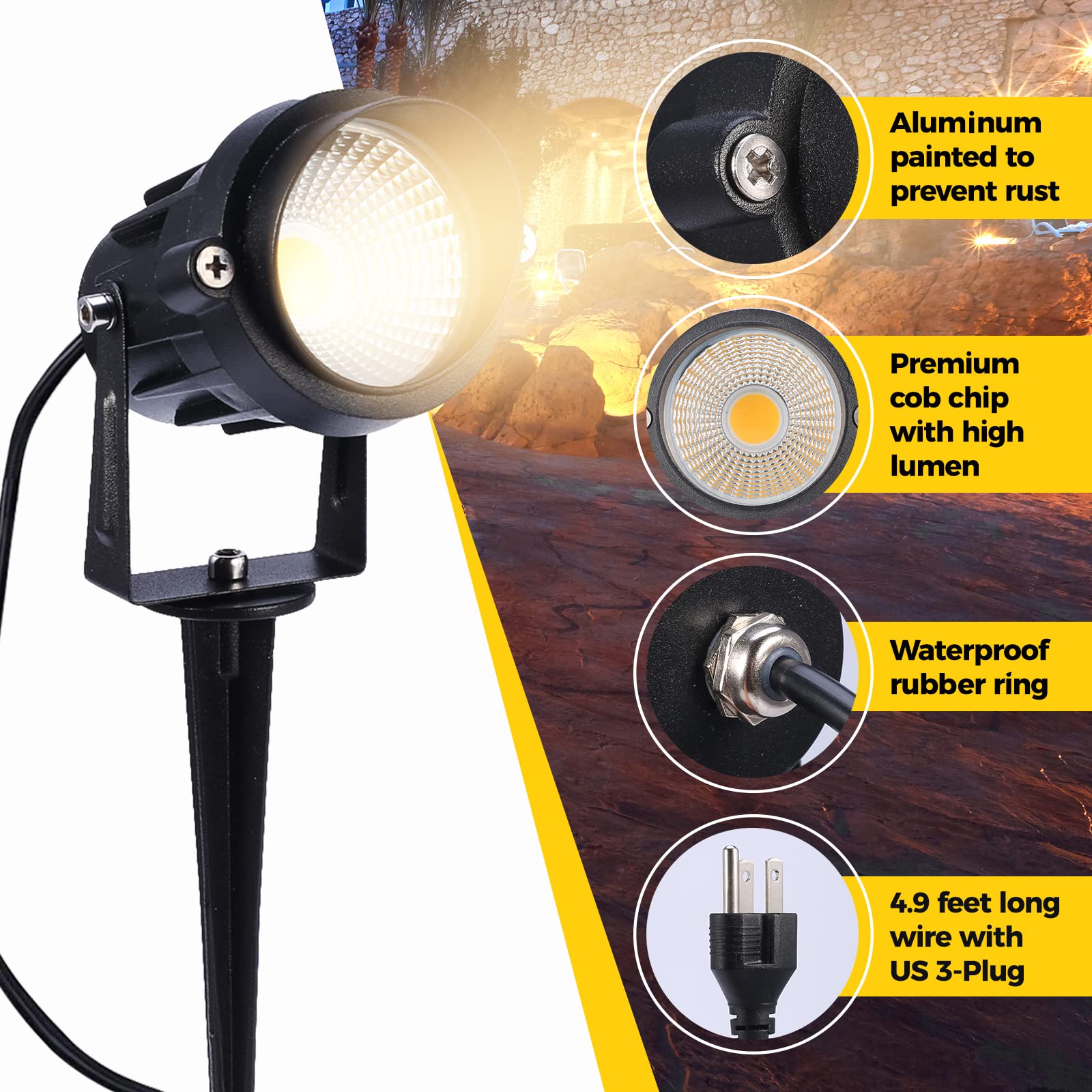 LCARED Outdoor Landscape Lighting 10W,120V AC,Warm White Waterproof LED Landscape Lights for Yard,Patio,Lawn, Wall, Flood,Driveway,Tree Lighting,Metal Ground Stake (2 Packs)