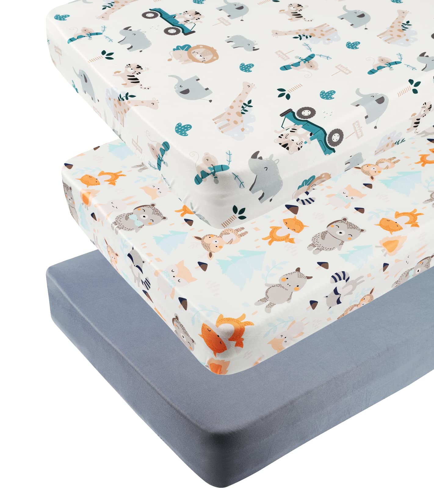 Tontukatu Pack n Play Sheet Stretchy Fitted Portable Mini Crib Sheets Set 3 Pack,Playard Sheets Convertible Playard Mattress Cover,Ultra Soft Jersey Material,Elephant Tiger,Fox & Grey