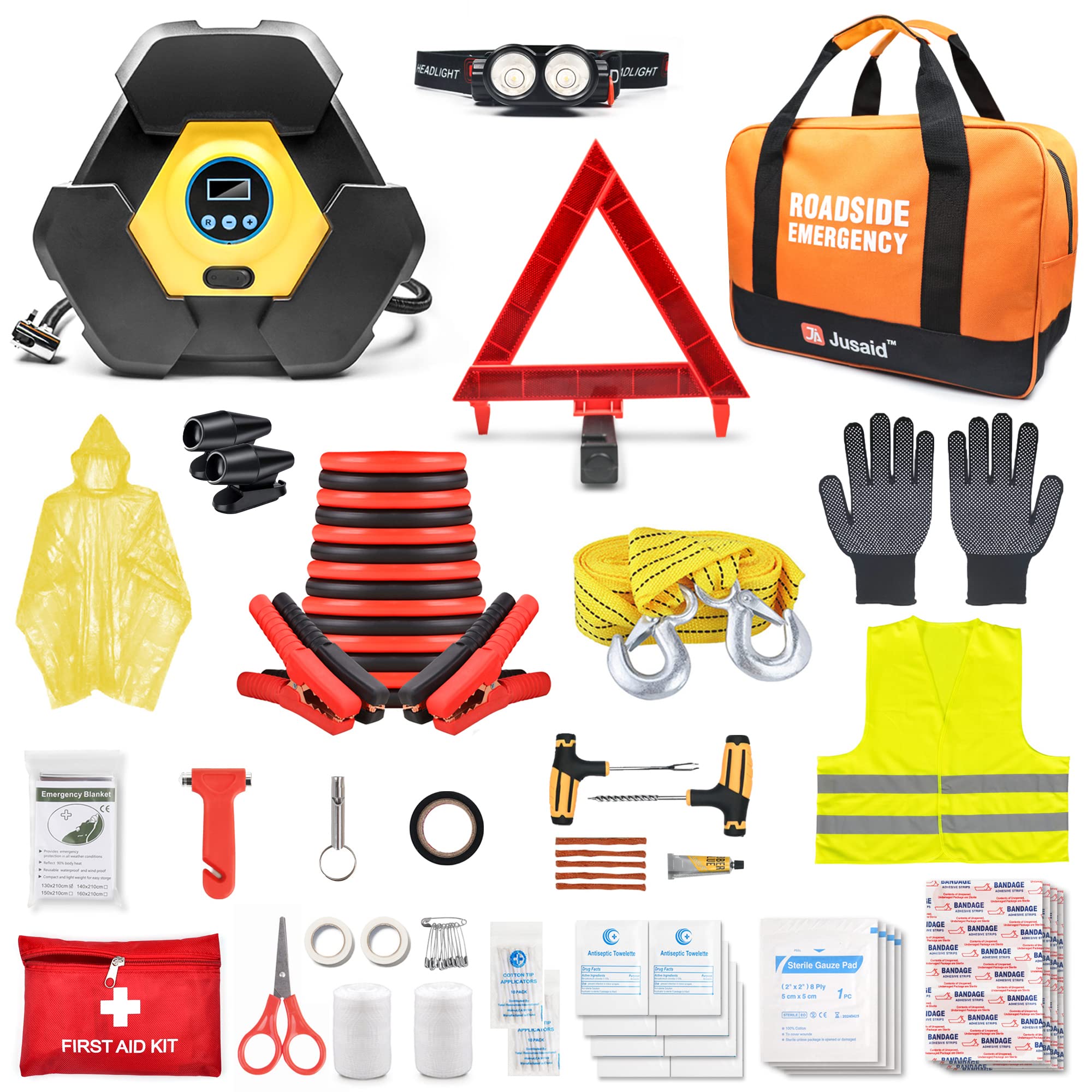 Roadside Emergency Car Kit, Road Trip with Portable Air Compressor, Jumper Cables, Headlamp, First Aid Kit, Auto Vehicle Safety Road Side Assistance Kits for Women and Men