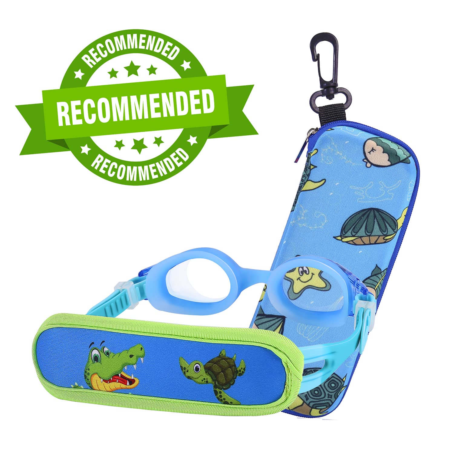 RUIGAO Swim Goggles Case/No Broken, Fabric Goggles Strap Cover/Head Band for Kids/Toddlers - Pain Free & Tangle Free (CS-Green Turtle)