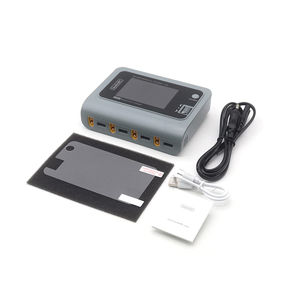 ToolkitRC Q4AC XT60 US Plug 4x50W 5A AC 100W 4 Port DC Smart Charger AC DC Smart Charger IPS Bright Clear Wide Angle Display