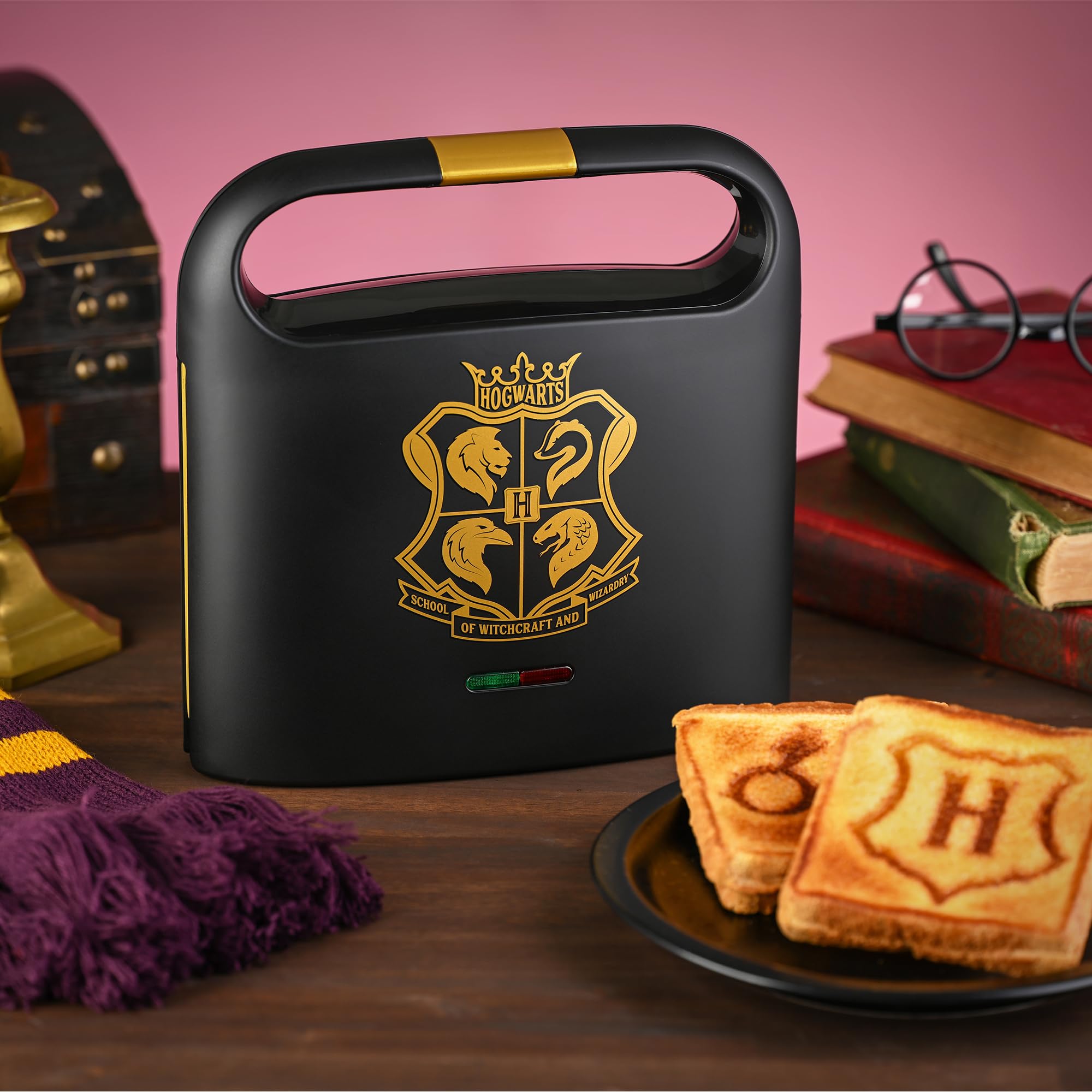 Warner Brothers Harry Potter Dual Sandwich Maker by Select Brands - Ceramic Coated Cooking Plates - Imprints Hogwarts Crest and Harry Potter Glasses on Toasted Sandwiches, Black and Gold, WBH-100SM