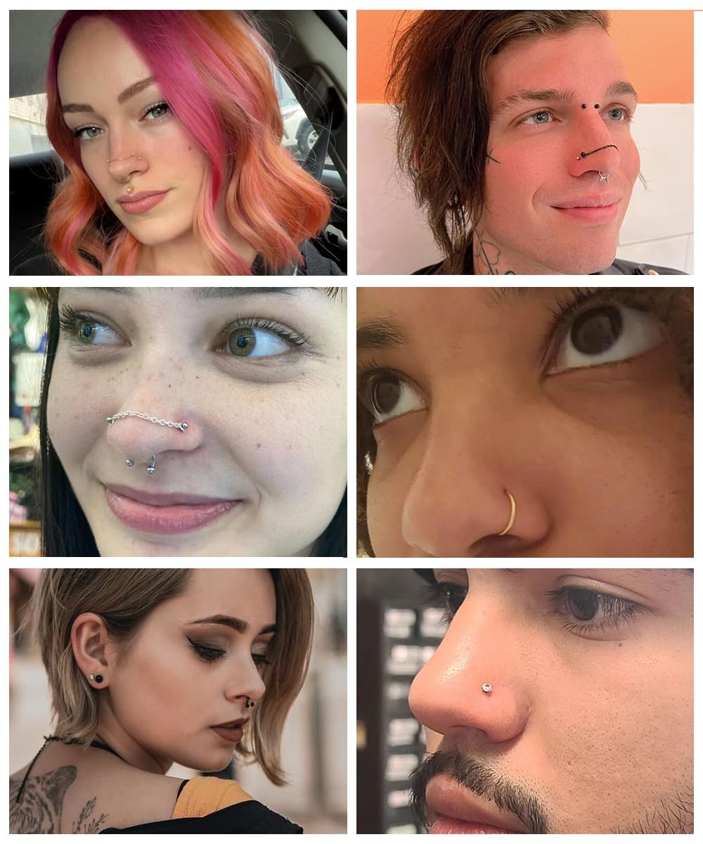 LOREMOW 38Pcs 316L Stainless Steel Nose Chain for Women Men Heart Nose Ring Chain Double Nose Chain Piercing Across Nose CZ Nose Piercing Stud Nostril Jewelry Silver S