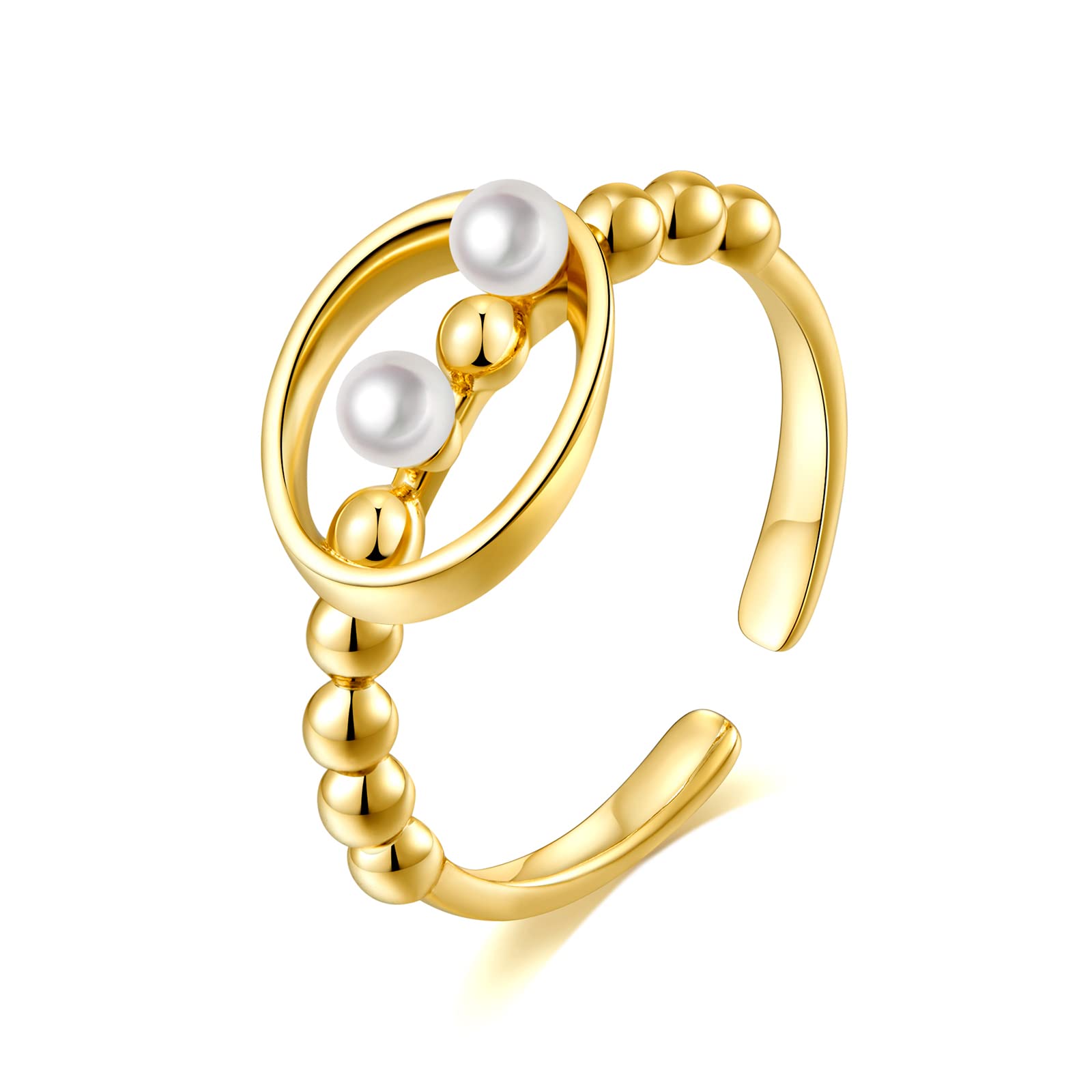 NOKMIT 14K Gold Plated Open Rings for Women Pearl Bead Stackable Ring Adjustable Statement Band Mothers Day Gifts
