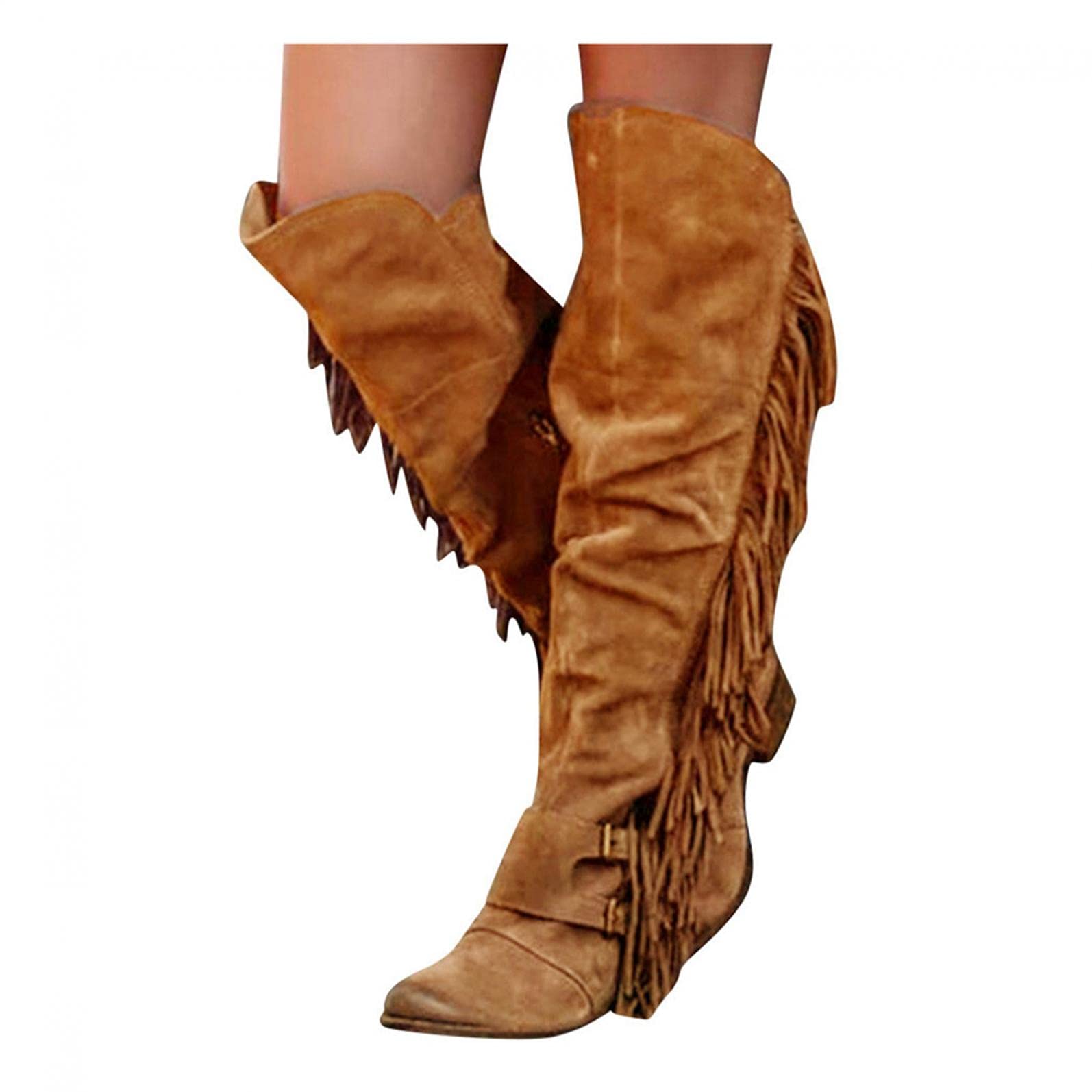 NOLDARES Cowboy Boots Chunky Block Heel Square Toe Vintage Fringe Knee High Western Knight Retro Platform Boots