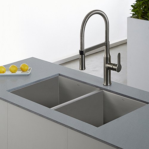 KRAUS Pax 31 1/2-inch 16 Gauge Undermount 50/50 Double Bowl Stainless Steel Kitchen Sink, KHU322