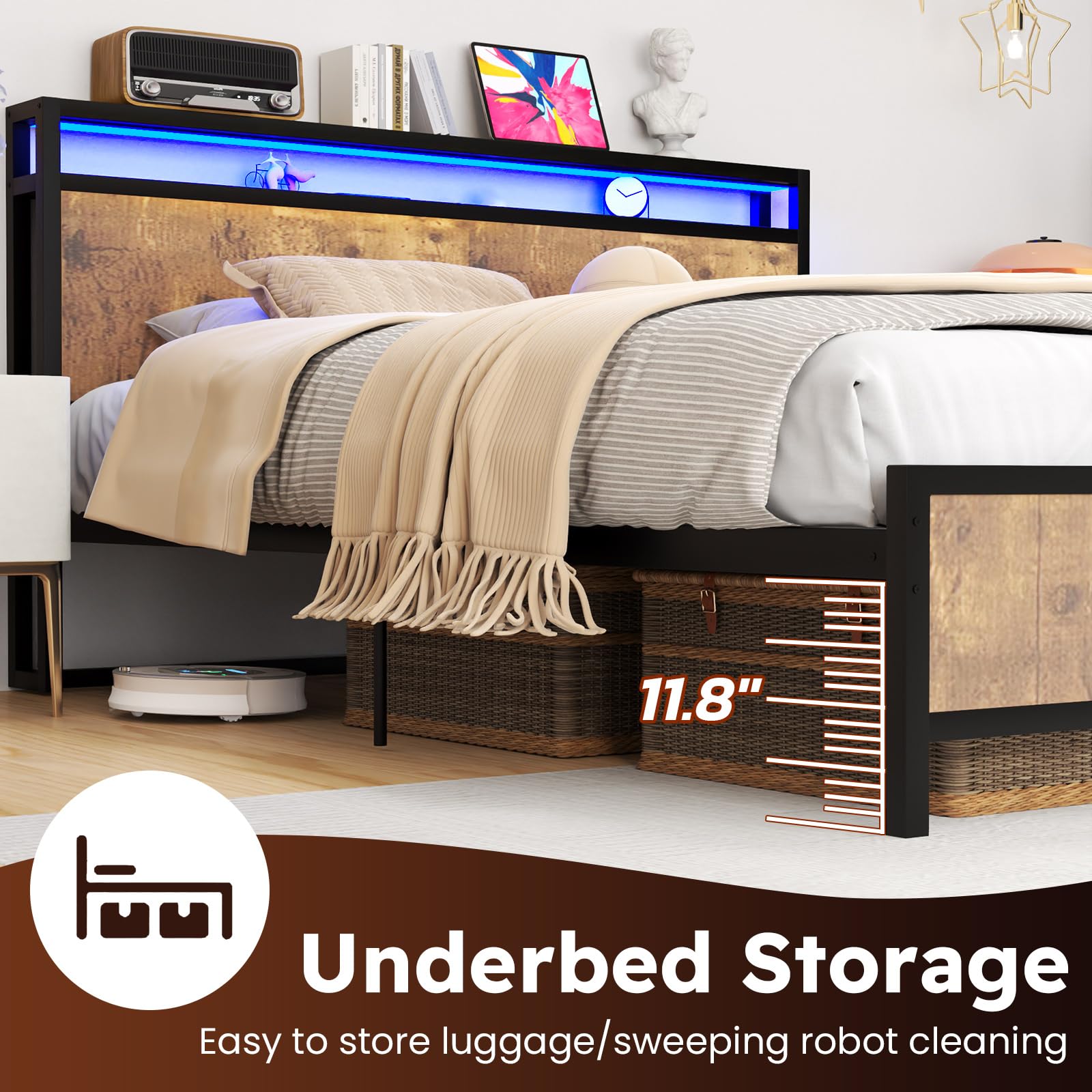 Kiivakii Queen Size Bed Frame with Headboard Storage, LED Platform Bed Built in USB Ports, Noise Free, Heavy Duty No Box Spring Needed, Rustic Brown