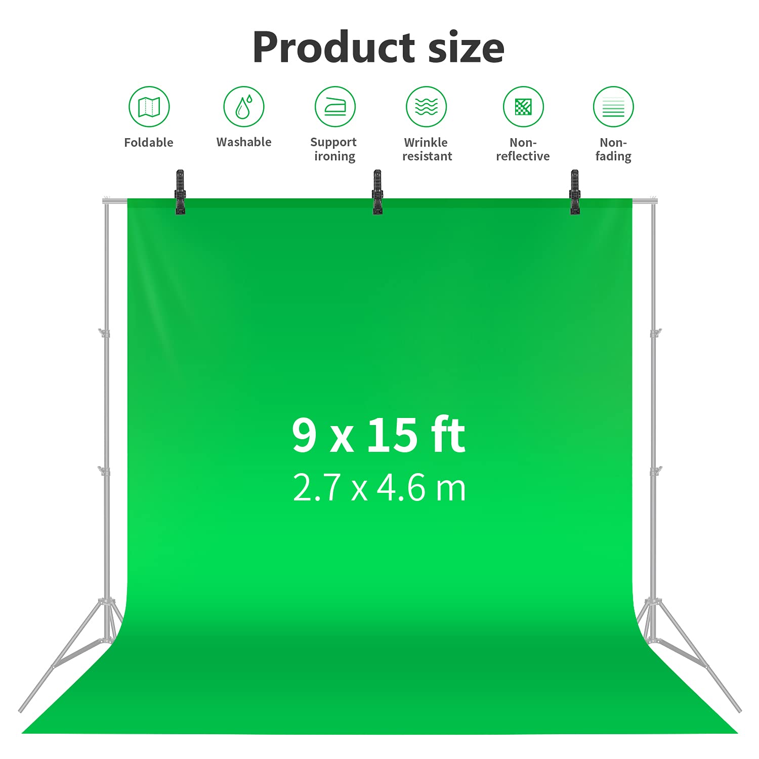Neewer 9 x 15 feet/2.7 x 4.6 Meters Green Chromakey Polyester Backdrop Background Screen with 3 Clamps for Photo Video Studio Photography (Backdrop Stand Not Included)