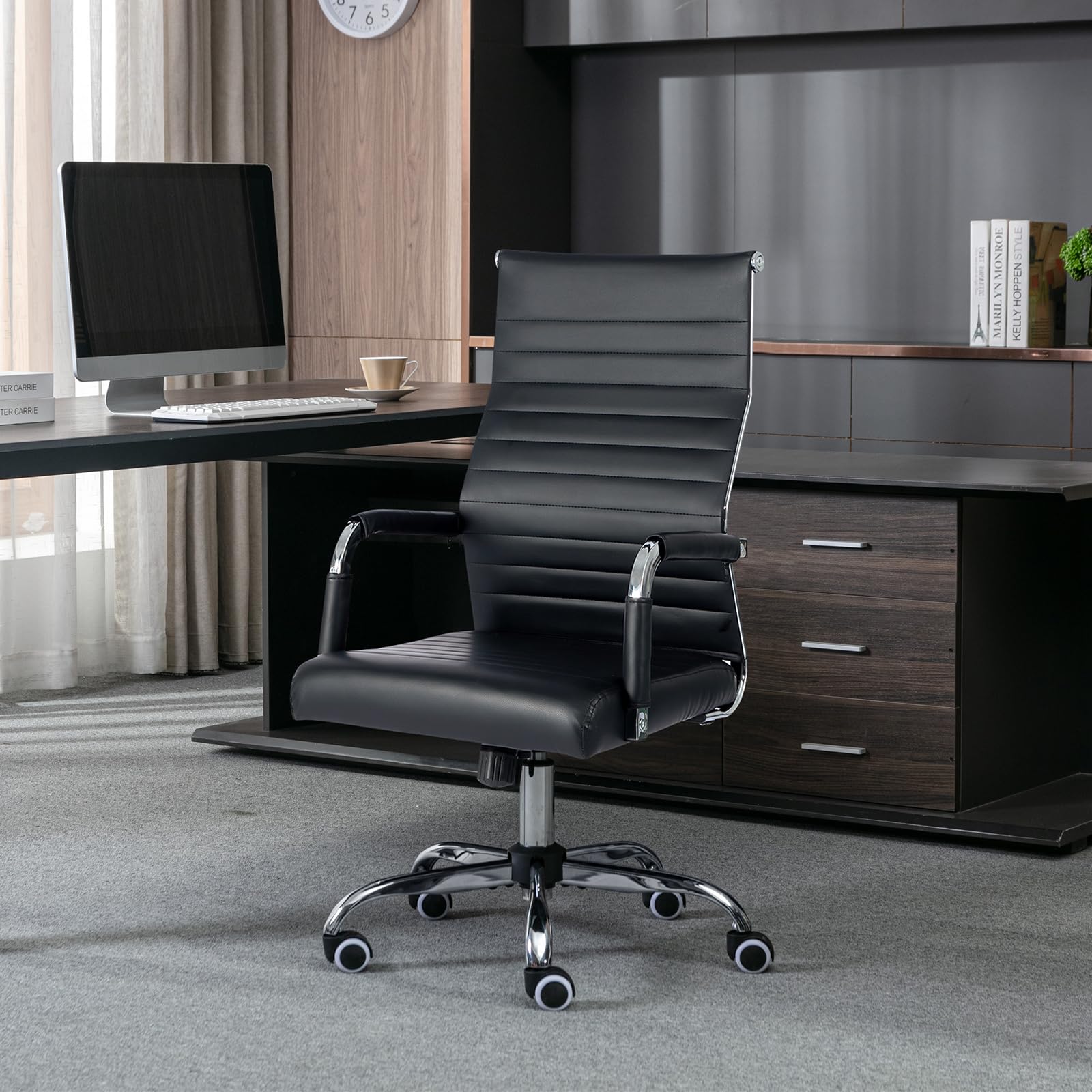 LUCKWIND Office Desk Chair, Executive Ribbed Task Chair, High-Back Leather Conference Ergonomic Chair, Swivel Arm Chair, Height Adjustable & Tilt Rocker (Black)