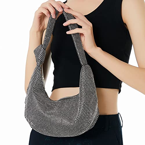 Rumdin Rhinestone Purse Top Handle Mesh Bag Hobo Bag for Women black Clutch Purses for Women Wedding Working Party