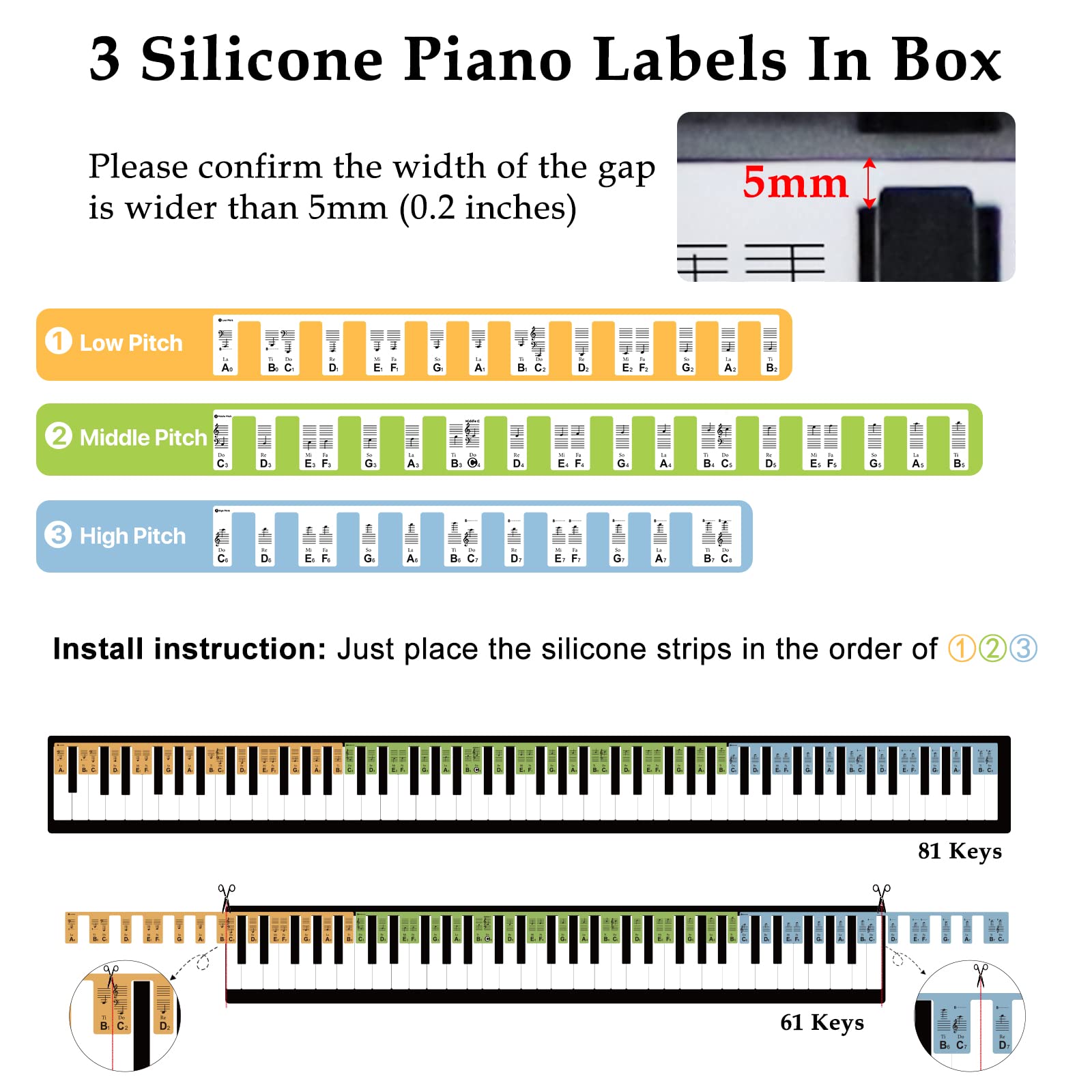 Removable Piano Keyboard Note Labels, YUOROS 61/88-Key Piano Note Guide for Beginners Learning Piano Accessories, No Need Stickers, Reusable and Comes with Box (Black)