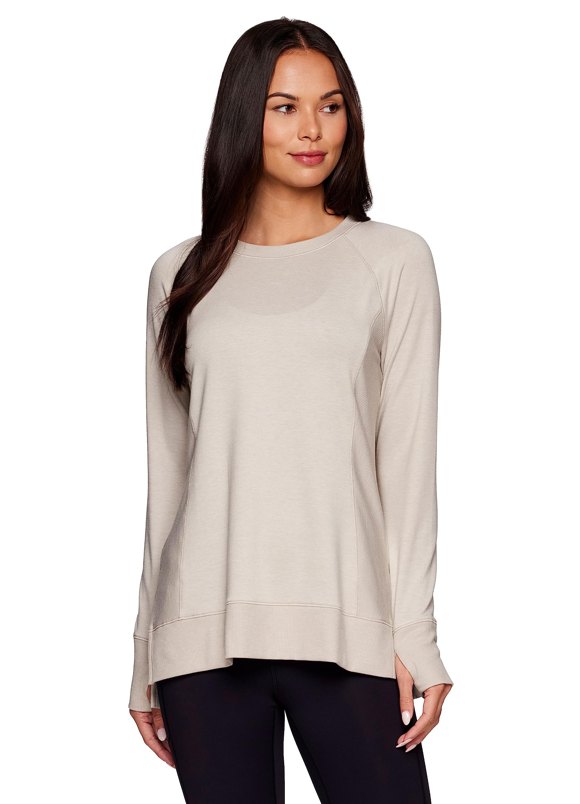 RBX Active Women's Yoga Tunic Sweater for Women Lightweight French Terry Sweatshirt Pullover Long Sleeve Top with Thumbholes, Ribbed Side Teal-Grey Heather S