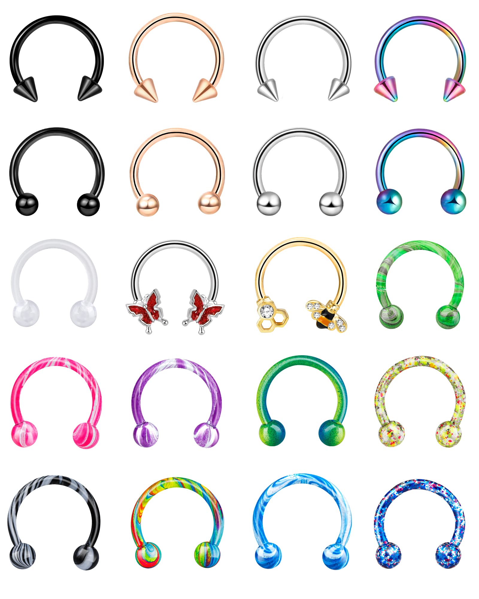 ONESING 20 Pcs Septum Rings 16G Septum Jewelry Septum Rings for Women Septum Lip Rings Nose Piercing Jewelry Tragus Horseshoe Earrings Hypoallergenic Stainless Steel Septum Ring 10mm