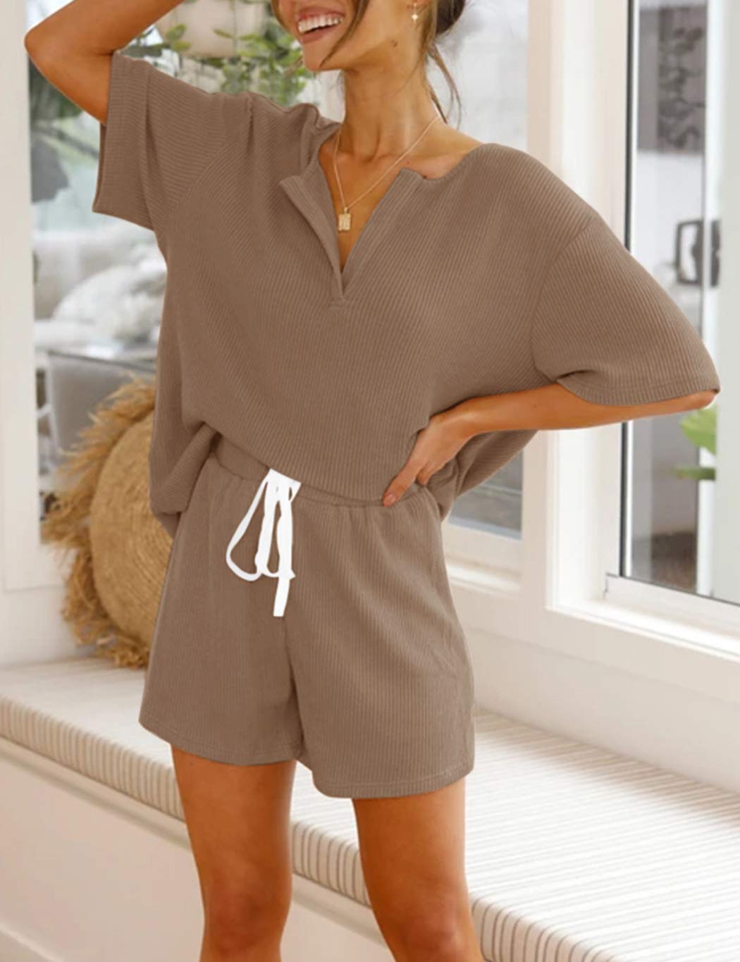 KIKIBERRY Women's Short Sleeve Lounge Set Top and Short Summer 2 Piece Loose Sleepwear Pajamas Sweatsuit PJ Set Light Coffee Small