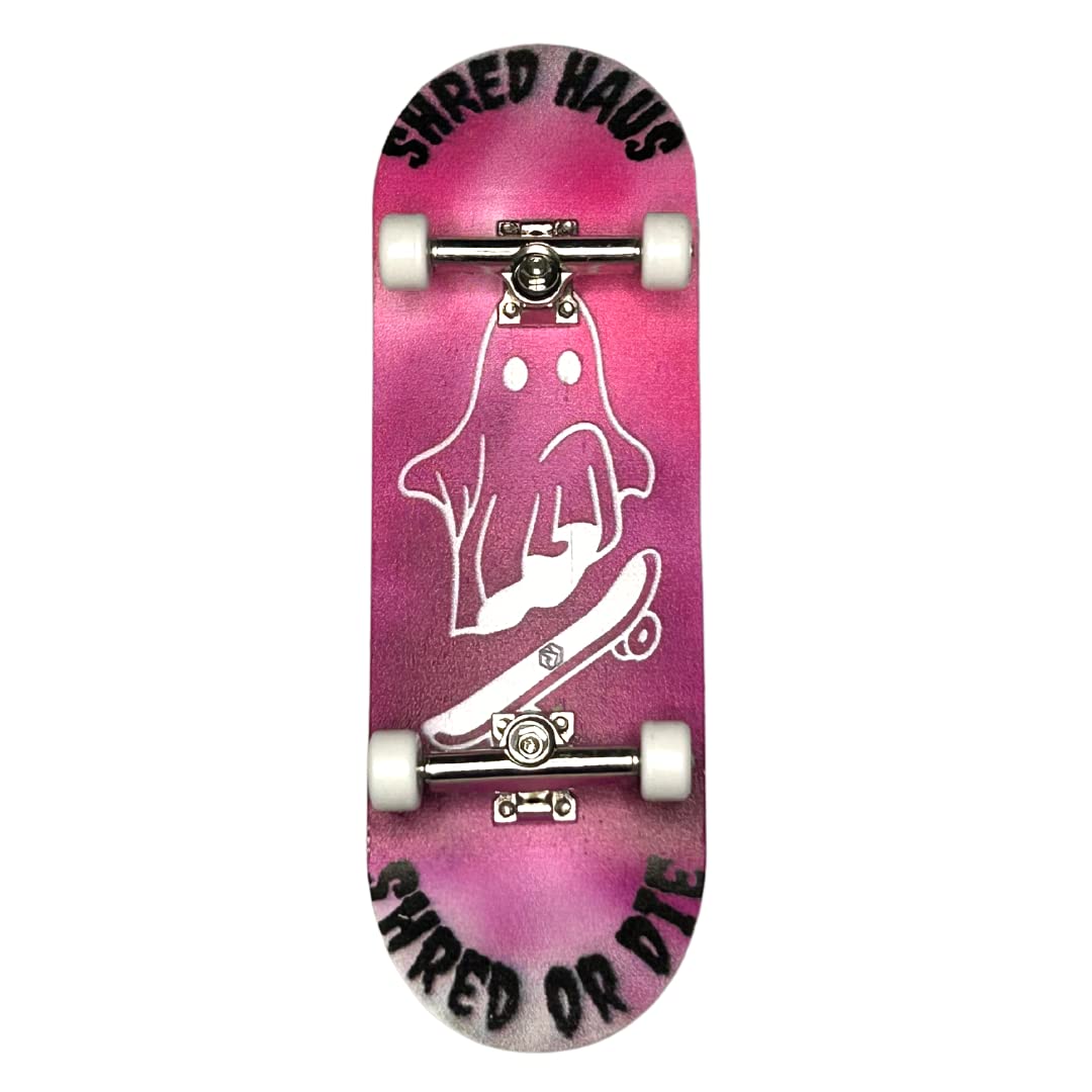 Shred Haus Complete Fingerboard - Ghost | Professional Board Shape and Size - 32mm x 98mm | Bearings, Wheels, Trucks, Lock Nuts | Wooden Board, Pro Series Finger Board, Finger Skateboards