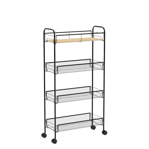 KINGRACK 4-Tier Slim Rolling Cart,Metal Utility Cart,Slide Out Storage Cart with Wooden Tabletop and Mesh Baskets for Narrow Space on Kitchen Bathroom Laundry Room Bedroom Apartments Dormitory, Black