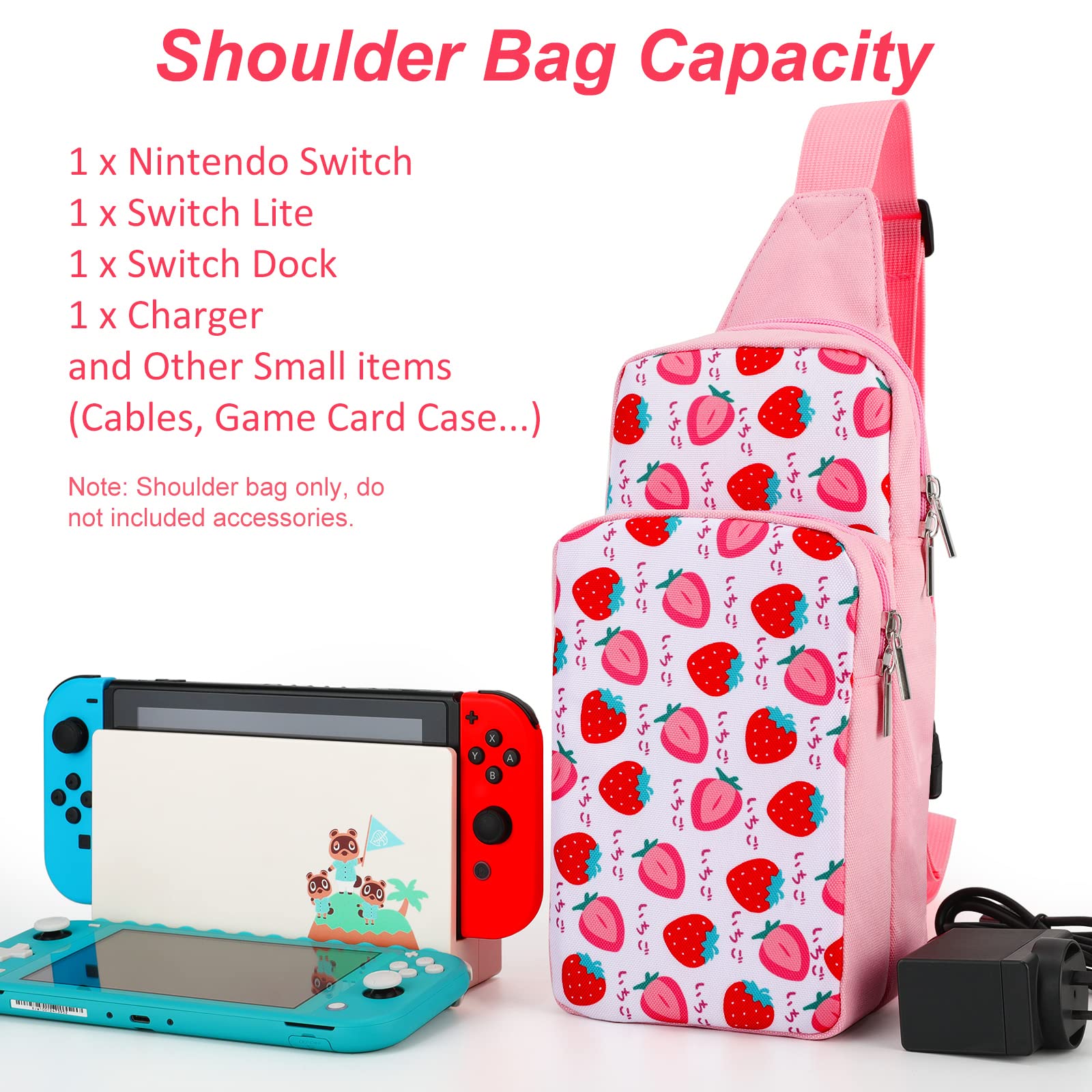 Owngen Cute Travel Bag for Nintendo Switch/ Lite / OLED, Portable Small Pink Strawberry Shoulder Carrying Storage Backpack for NS Consolo, Charging Dock, Joy-Cons, Accessories for Women Grils