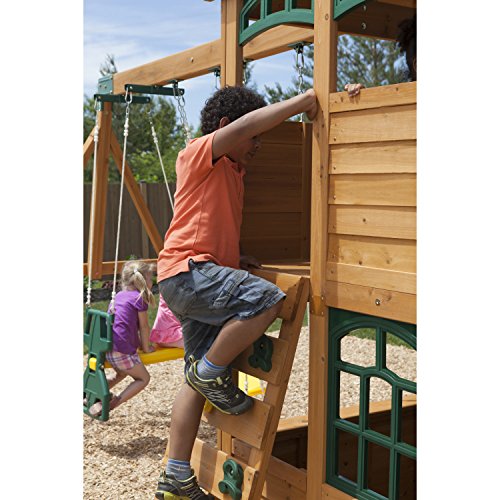 KidKraft Cloverdale Wood Swing Set/Playset with Slide, Rock Wall, Glider and Swings,Gift for Ages 3-10