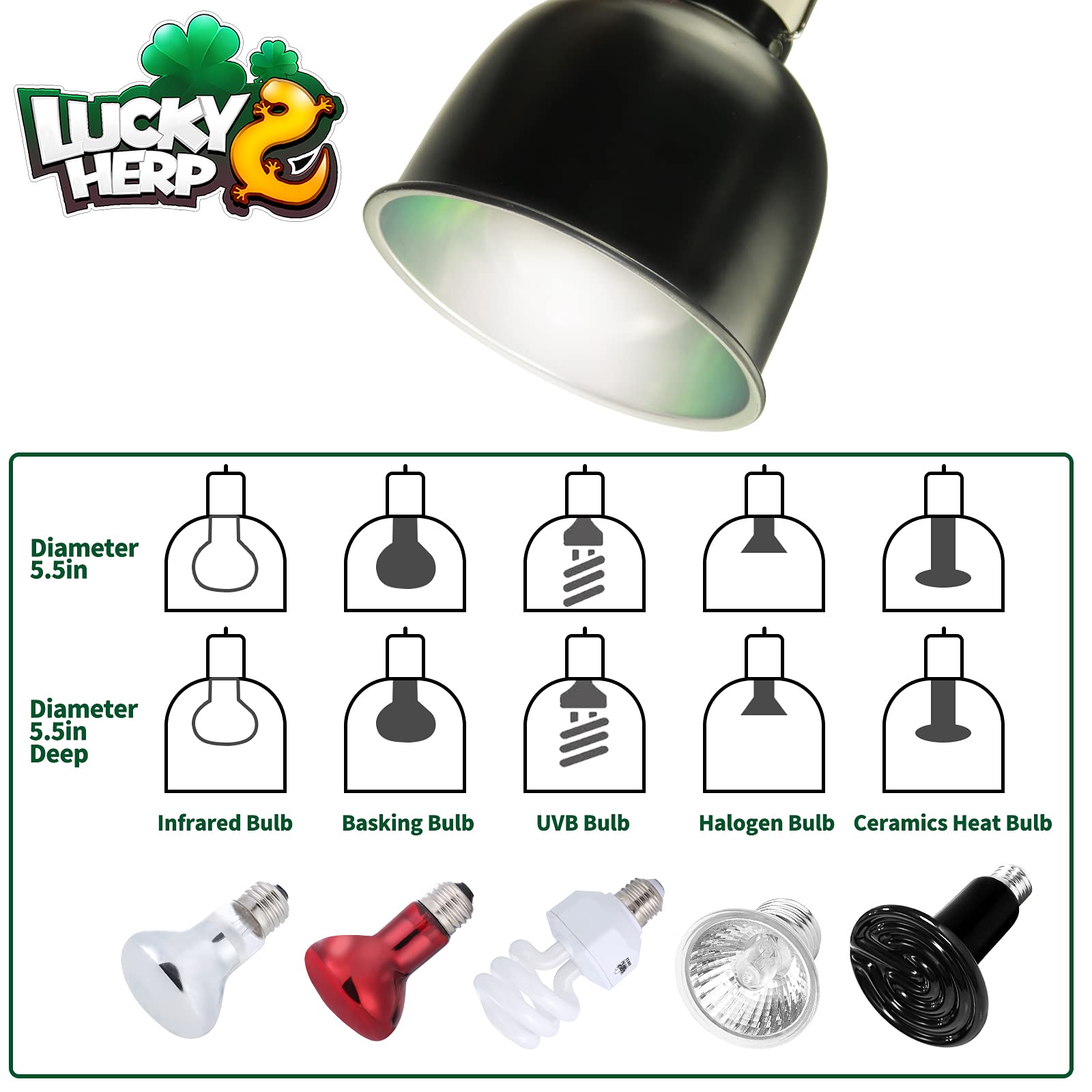 LUCKY HERP Aluminum 5.5inch Deep Dome Reptile Light Fixture, Reptile Heat Lamp Fixture for UVB Bulb Basking Heat Bulb