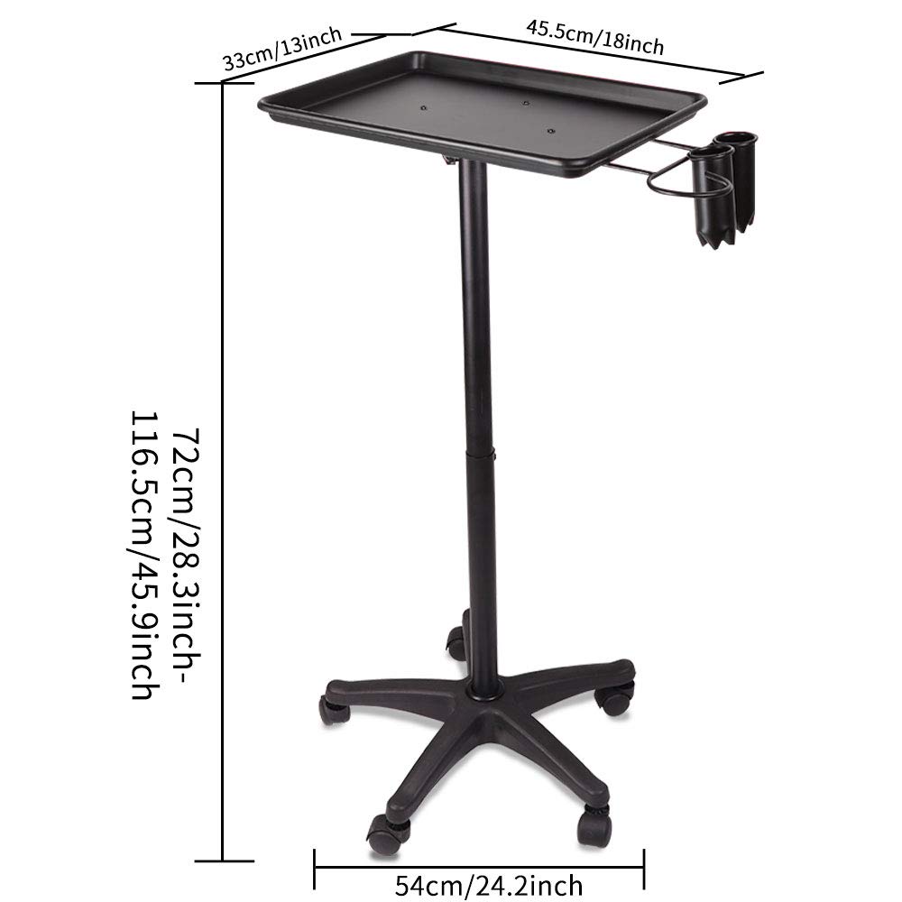 LEIBOU Beauty Aluminum Salon Tray Cart, Professional Adjustable Salon Instrument Trolley Stand with 5 Rolling Casters Accessory Caddy, Large Tray, Salon Tattoo Barber Tool Trolley Service Cart (BLACK)