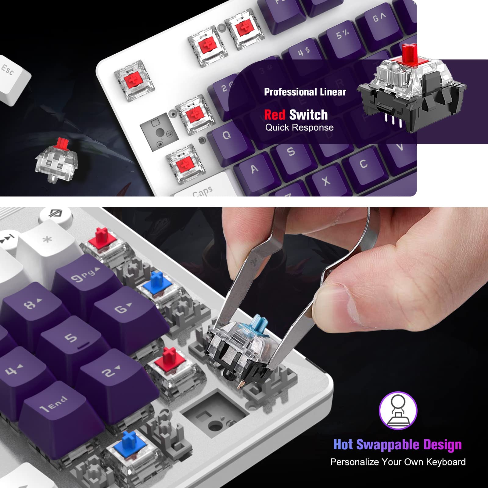 Mechanical Gaming Keyboard Hot Swappable with Multi Monochromatic Backlight 104 Key Anti-ghosting Ergonomic Metal Plate Multimedia Key USB Wired for PC Mac Gamer Office Typist(White Purple/Red Switch)