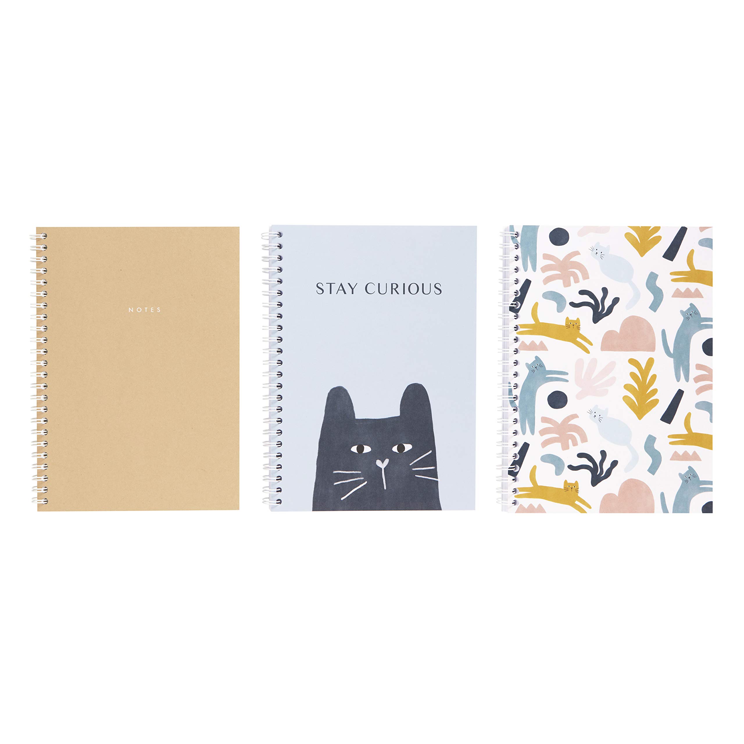 kikki.K Back to School Designer Collection - A5 Spiral Notebook 3Pk Cats Multi, Includes 120 Printed Lined Pages, Features Soft Paper Coverwire-O Binding, Measures 5.91" L x 8.27" W x 0.28" H