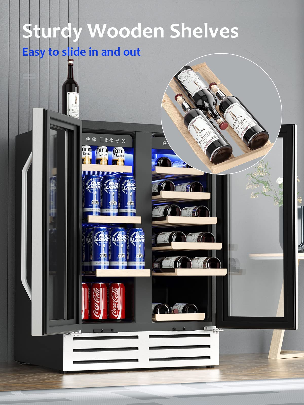 MUDEELA Wine and Beverage Refrigerator,24 Inch Dual Zone Wine Cooler With Memory Temperature Control Built-In or Freestanding 2 Safety Locks Soft LED Light Quiet Operation Hold 18 Bottles and 57 Cans