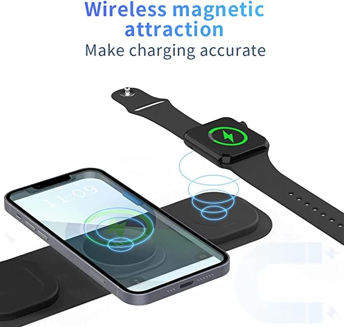 Kocybt 3 in 1 Magnetic Wireless Charger,Foldable Wireless Charger Pad Compatible for 13/13 Pro/13 Pro Max/13 Mini, 12/12 Pro/12 Pro Max/12 Mini, iWatch,AirPods 3/2/Pro,(Adapter Not Included) (Black)