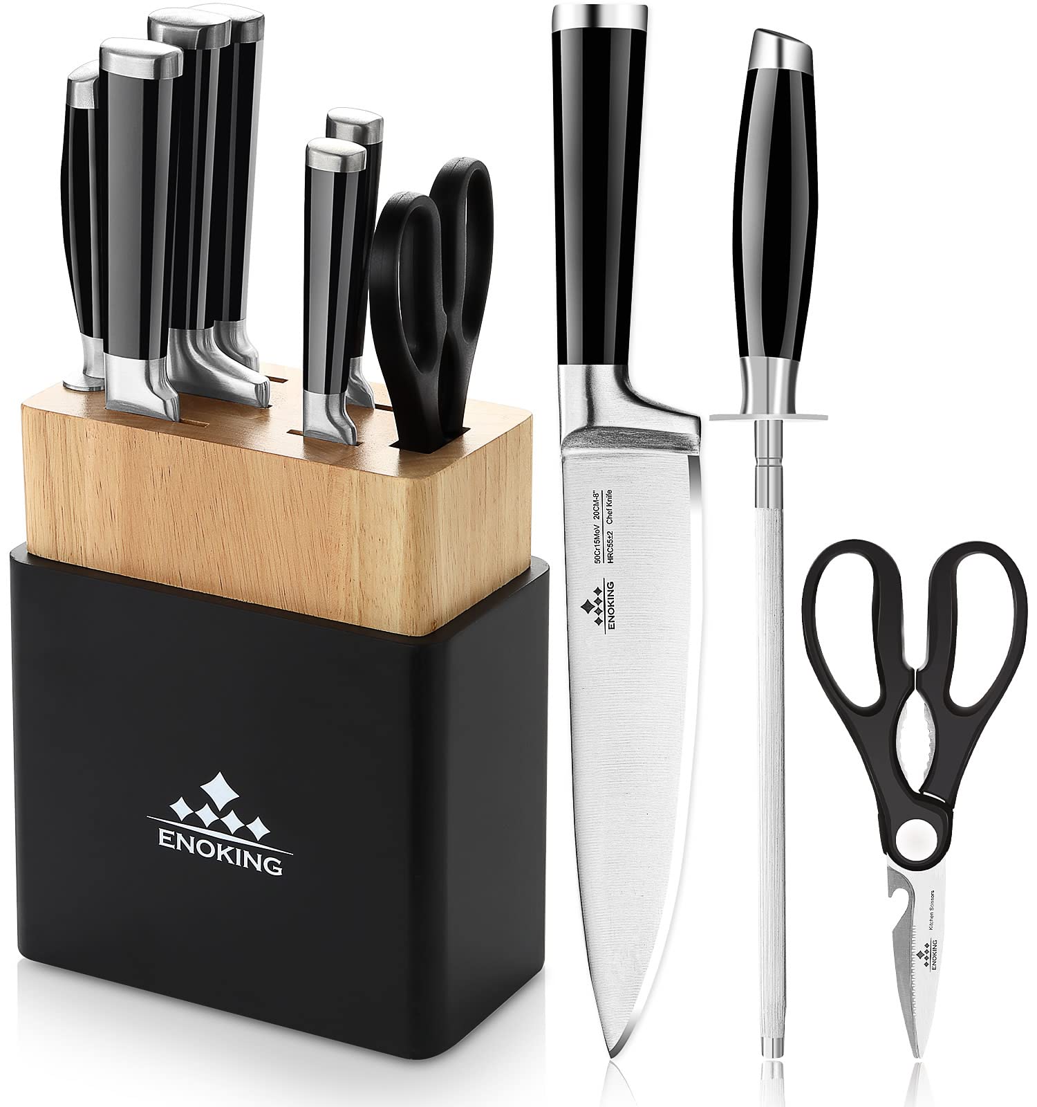 Knife Block Set, ENOKING 8 Pieces Kitchen Knife Set with Independent Sharpener, German Stainless Steel Knives Set for Meat, Vegetables, Fruits, Chopping, Slicing, Dicing & Cutting, Ultra Sharp