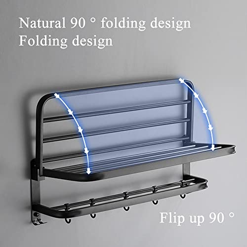 WKZZTCGD Black Bathroom Towel Rack,Stainless Steel Towel Holder with Hooks,Wall Mounted Foldable Double-Deck Shelf Bars