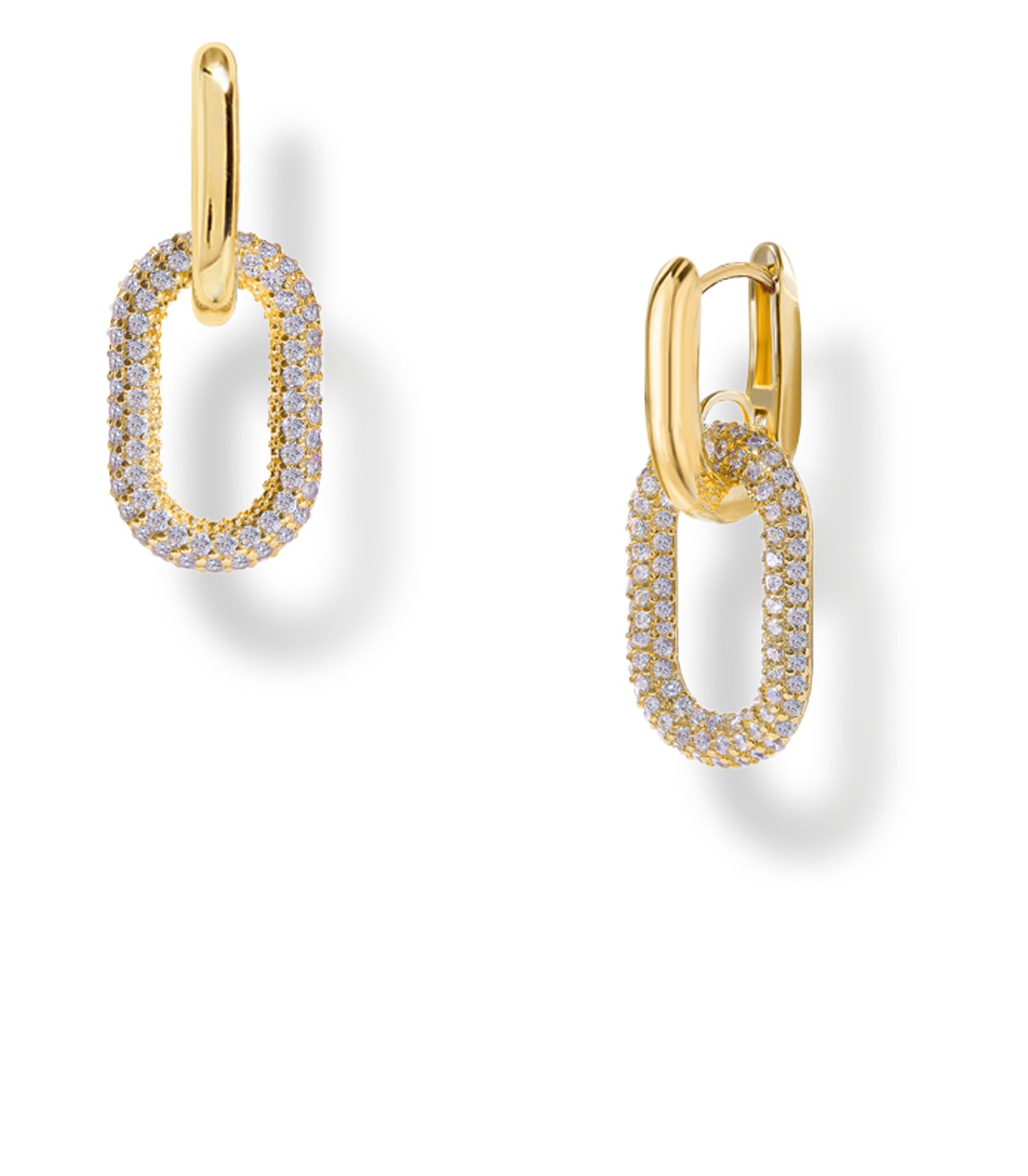 OZEL – CZ Chain Link Dangle Earrings for Women with Cubic Zirconia Stones – 14k Yellow Gold or White Gold Plated Square Oval Round U Shape (G3C0807-1)