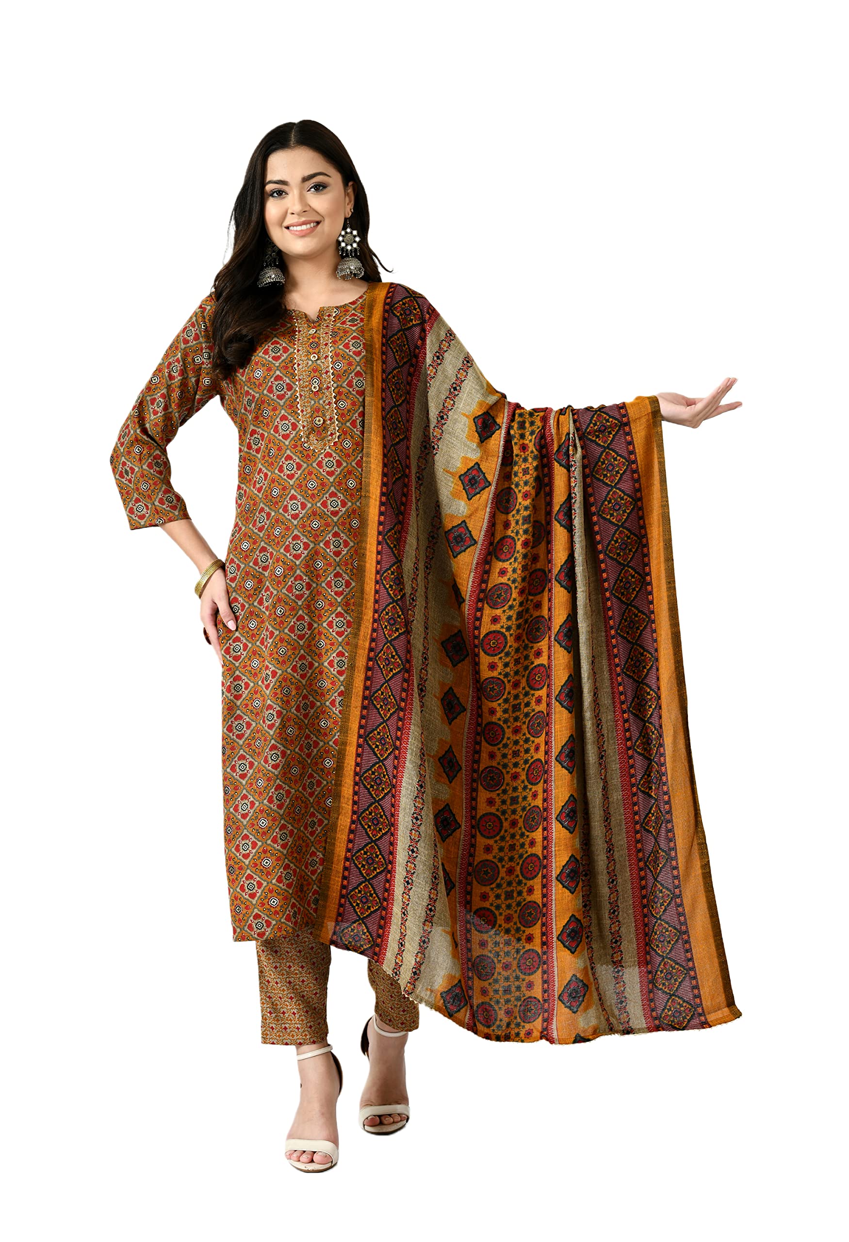 Lagi Women Straight Printed 3/4 Sleeves Rayon Kurti Pant and Dupatta Set, Red (XL)