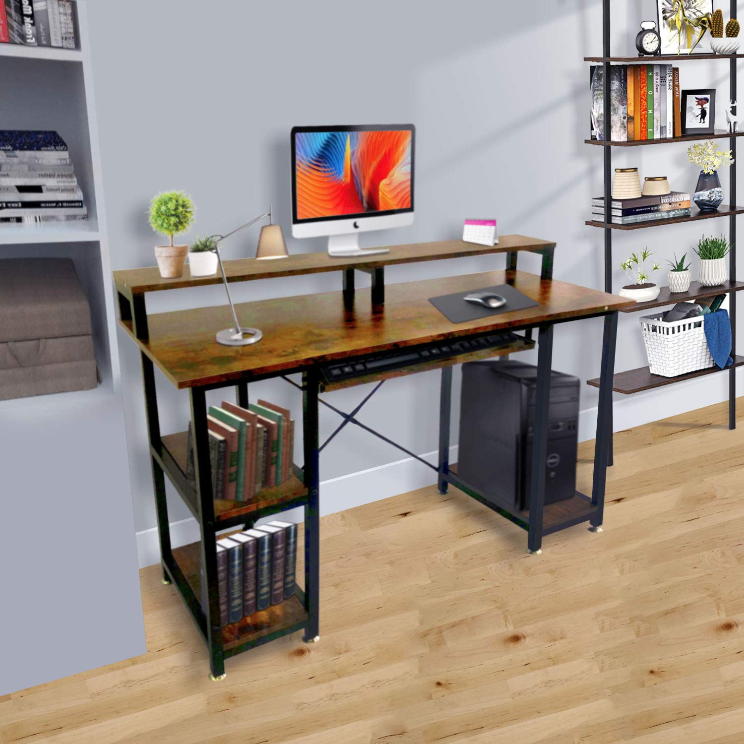 LOVEZ Computer Desk with Storage Shelves/Keyboard Tray/Monitor Stand Desk with Bookshelf Easy Assemble Study Table for Home Office (Brown)