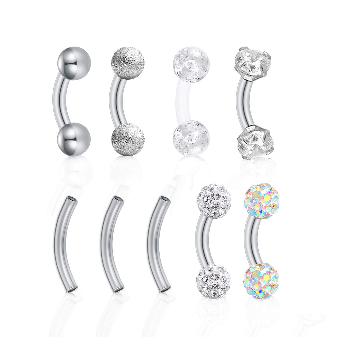 Mayhoop 16G 5-7pcs Stainless Steel Rook Daith Earrings Belly Lip Ring Eyebrow Studs Cartilage Tragus Cubic Zirconia Barbell Body Piercing 6mm 8mm 10mm