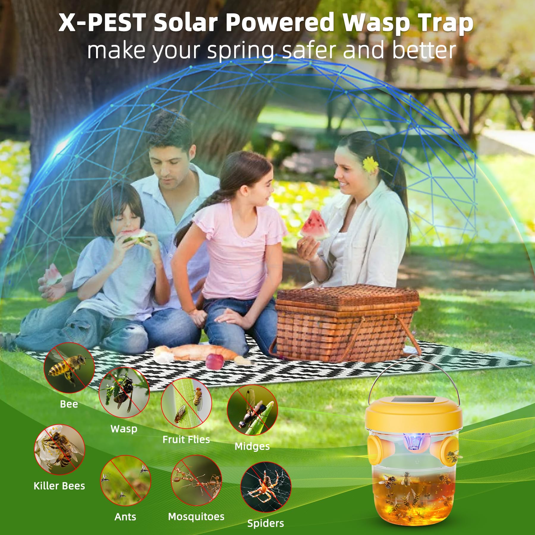Wasp Traps Outdoor Hanging, Solar Powered Bee Traps Wasp Deterrent Killer Carpenter Bee Traps for Outside, 2024 Upgrade Flying Insect Traps Reusable Yellow Jacket Hornet Catcher with LED (4 Packs)