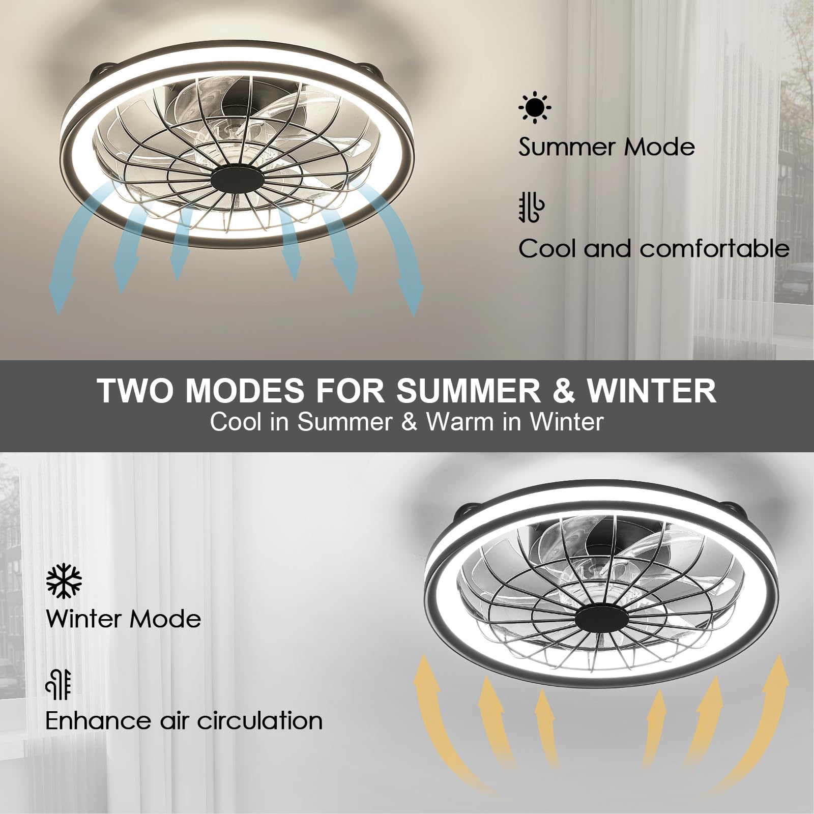 Kayleik Low Profile Ceiling Fan with Light, 16.9'' Flush Mount Ceiling Fan Dimmable LED Reversible Blades Timing with Remote Control, Modern Enclosed Bladeless Celing Fan for Bedroom Kitchen.（Black）