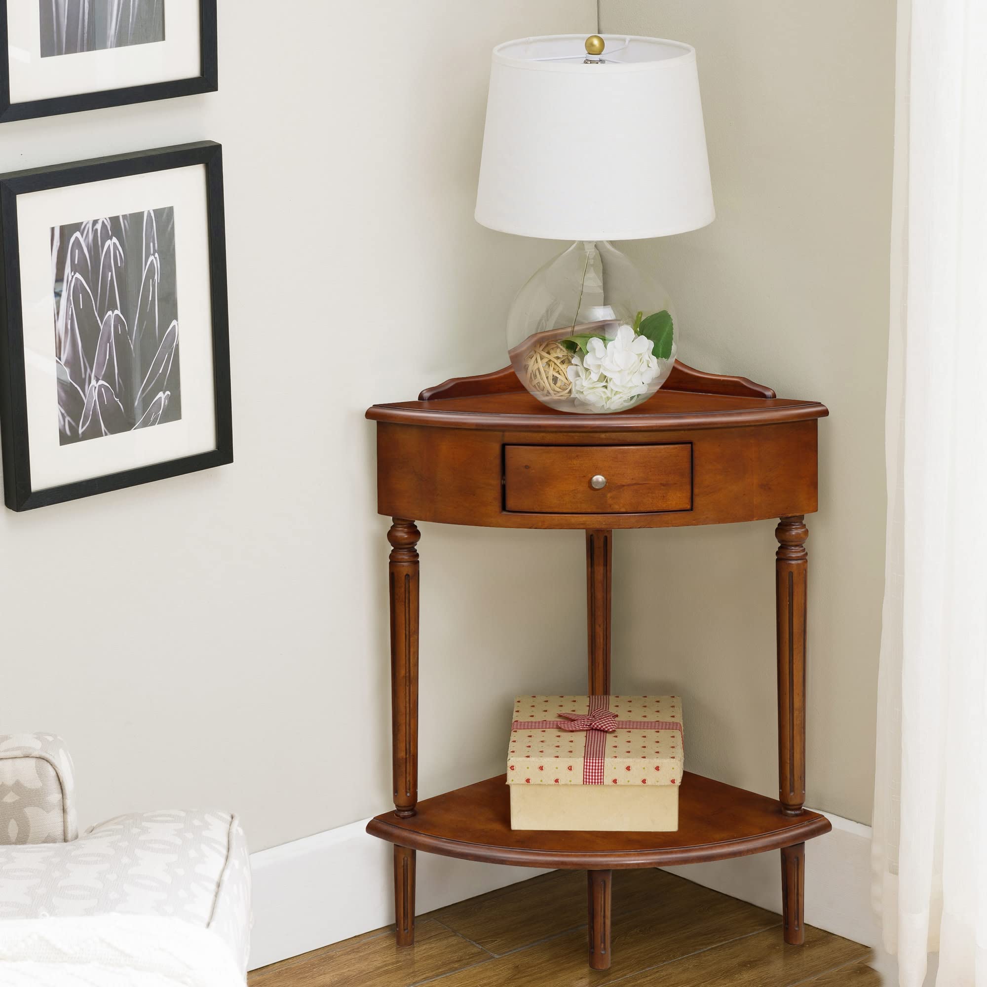 Leick Home 9016 One Corner Accent Table with Drawer and Lower Display Shelf, Pecan