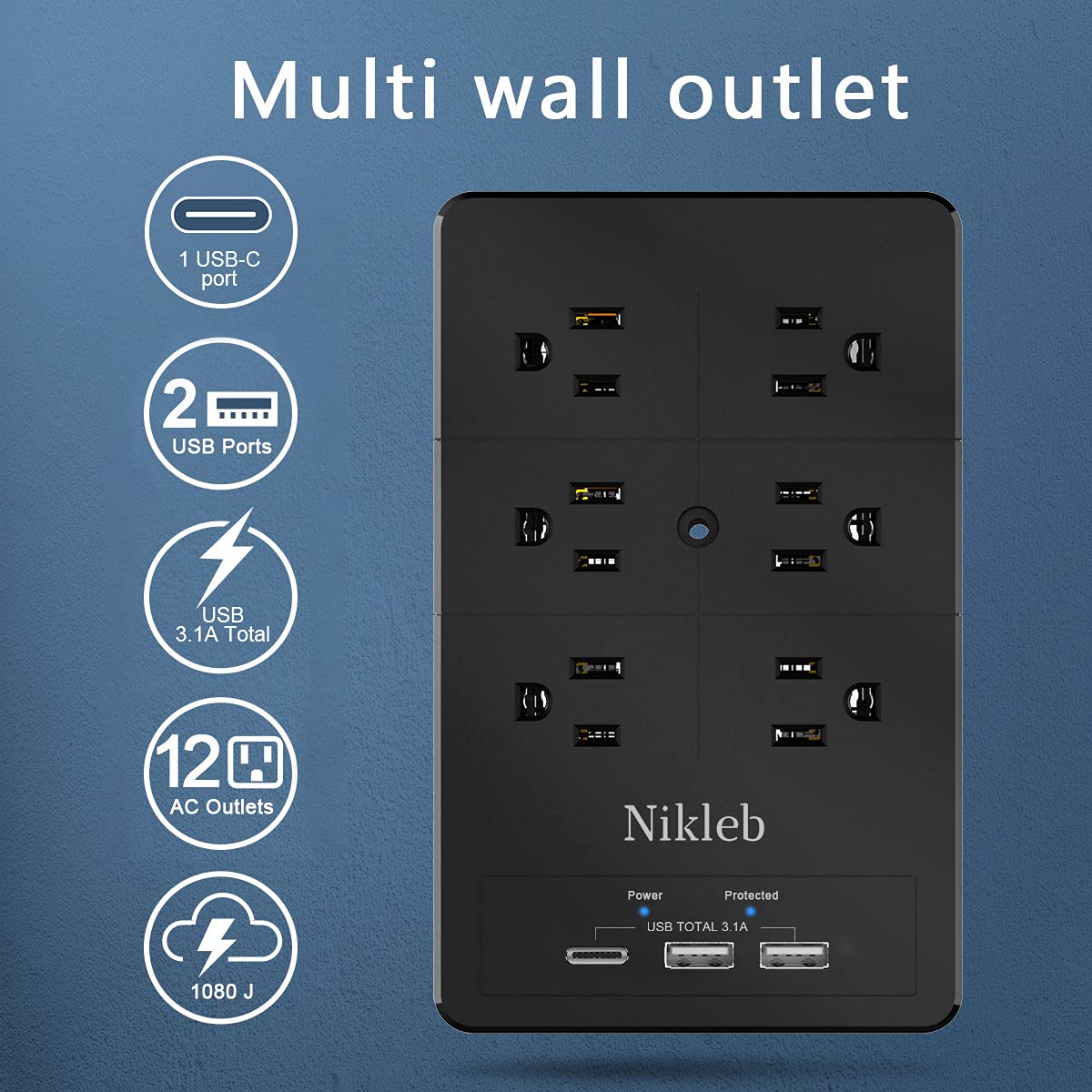 Multi Plug Outlet Extender Nikleb, Surge Protector 12 Outlets, Wall Plug with 2 USB+ USB C Ports Total 3.1A, Charger Blocks Wall Mount, Outlet Splitter Heavy Duty for Home, Office, Garage Improvement