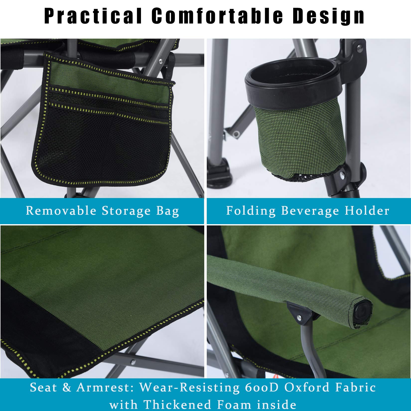 MaiuFun Portable Camping Chair Folding Heavy Duty Quad Outdoor Large Chairs Support 330 lbs High Back Padded Thicken Oxford with Armrests, Storage Bag, Cup Holder, Carry Bag for Outside(Green)