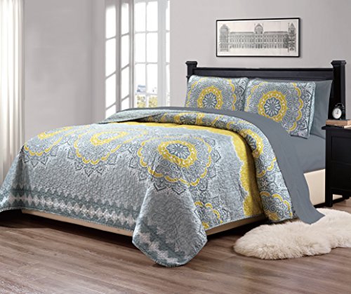 Linen Plus 7pc King Over Size Quilted Bedspread with Sheet Set Floral Medallion Yellow Coastal Plain/Gray New