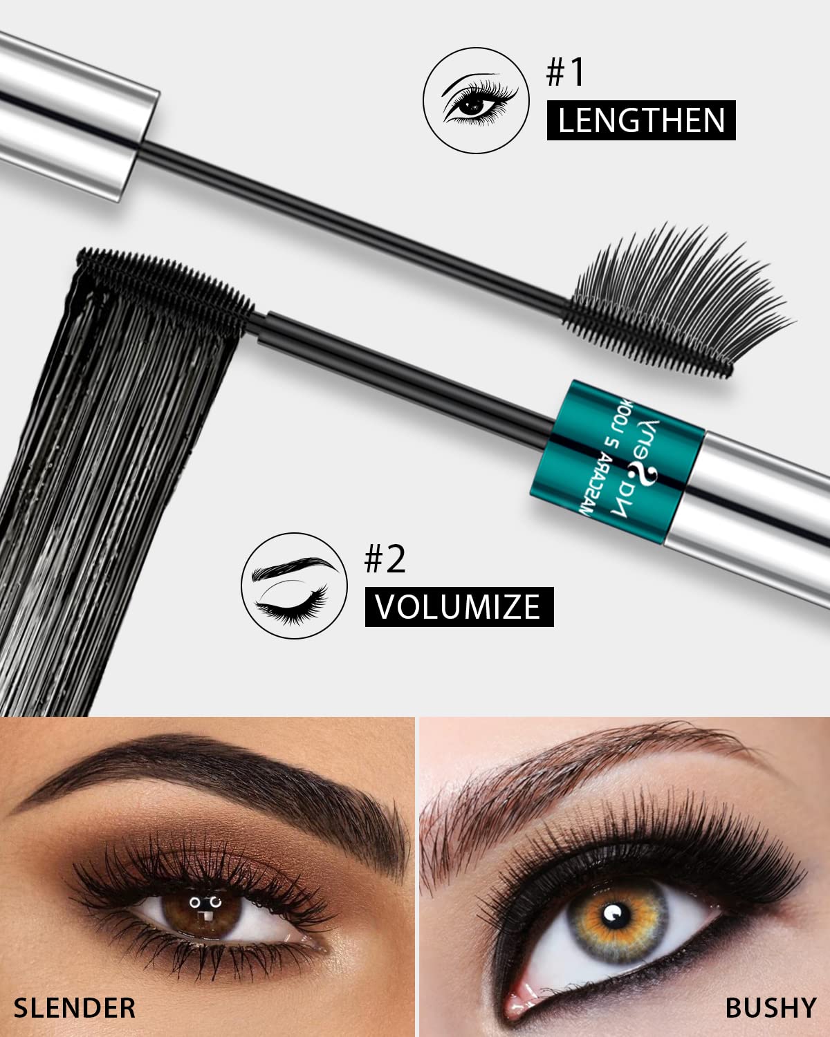 NaSeny 2in1 Vibely Mascara Lash Cosmetics Waterproof Black Volume And Length Thickening And Lengthening Dual Effect 5X Longer Mascara Smudge-Proof Non Clumping