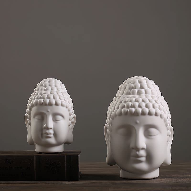 Kunze Land Zen Buddha Head Statue, Medium Temperature Ceramic White Glaze Process, Smooth Surface, Garden Yoga Meditation, Home Living Room Office Decorations