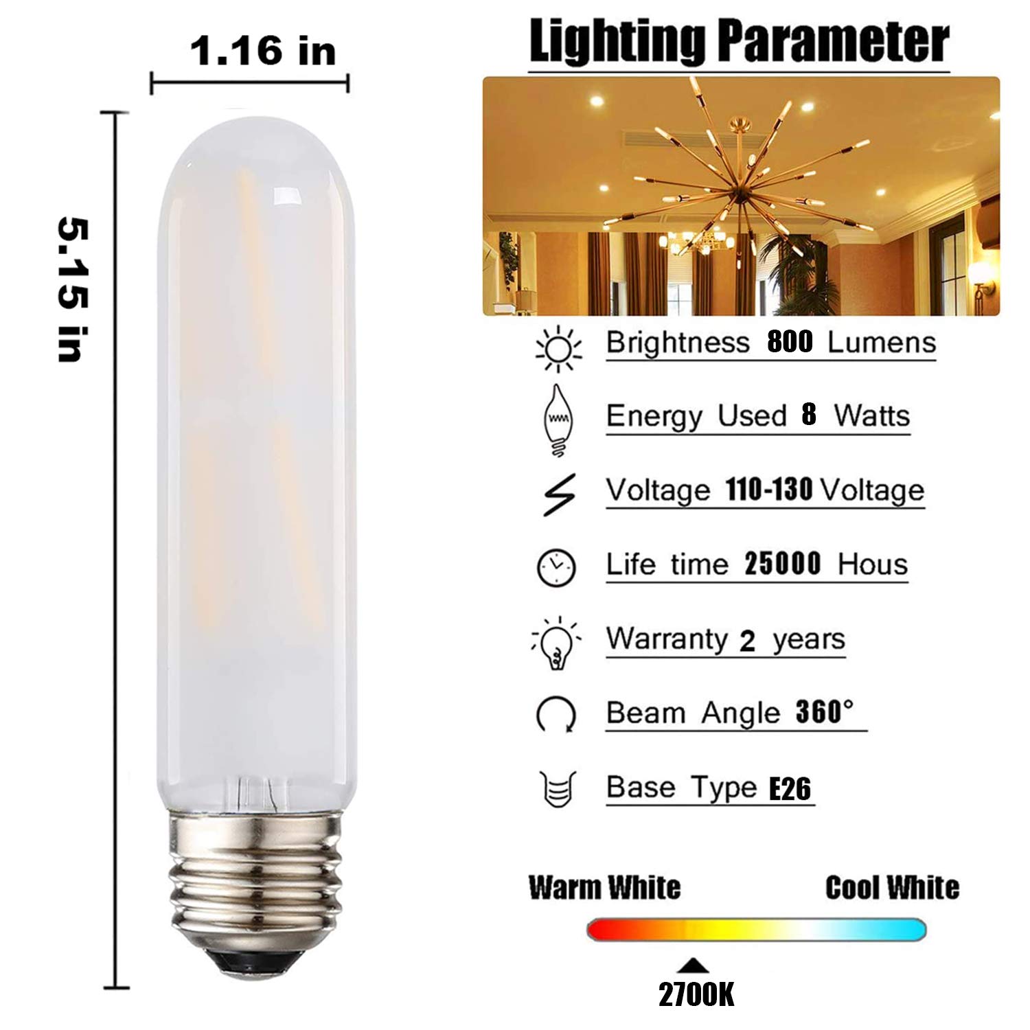 LEOOLS T10 Led Frosted Bulb, 8W Dimmable Tubular LED Light Bulb, 75 Watt Incandescent Bulb Equivalent, 2700K Soft Warm White, Frosted Glass, E26 Base, for Cabinet Display Cabinet etc,3 Pack.