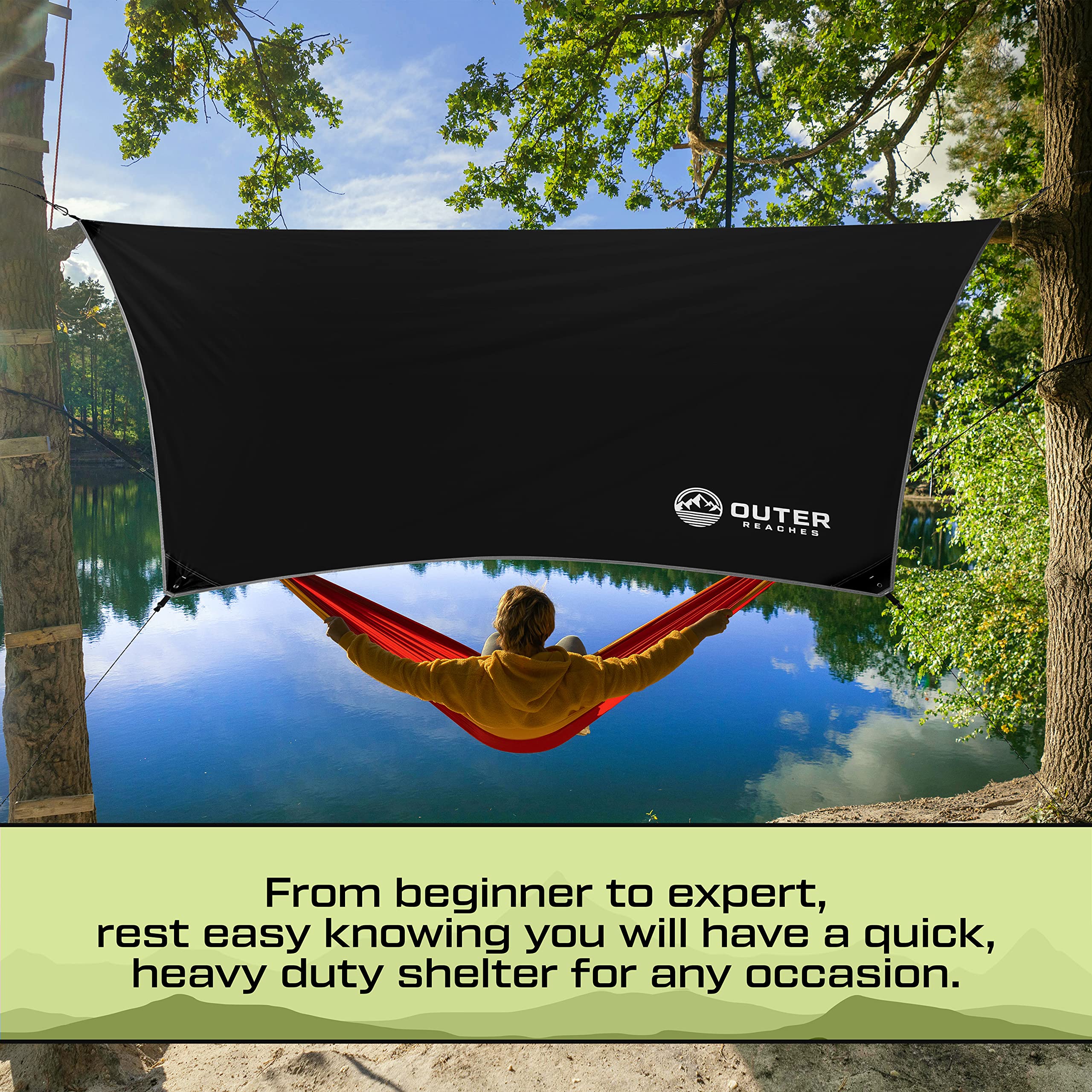 Outer Reaches Camping Tent Tarp - Must Have Hammock Rain Fly for Camping - Heavy Duty Waterproof Hammock Tarp - Improved Quick Setup with Included Stakes and Carry Bag
