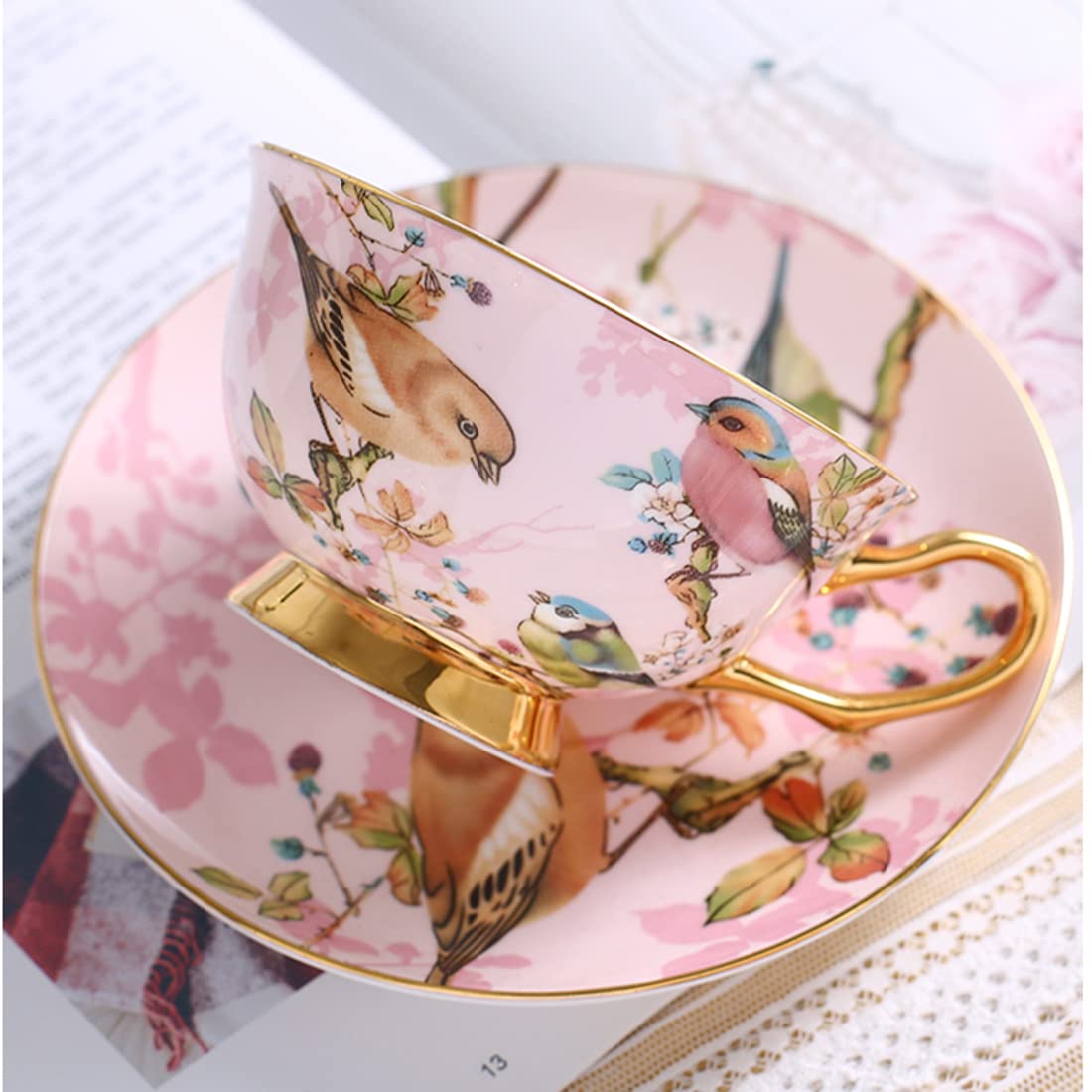 Pfedxoon Pink Bird Tea Cup with Saucer Spoon 3 Piece Set(7oz) Cappuccino Cups, Coffee Cups, Tea Cup Set, British Coffee Cups, Porcelain Tea Set, Latte Cups, Mother's Day Gift