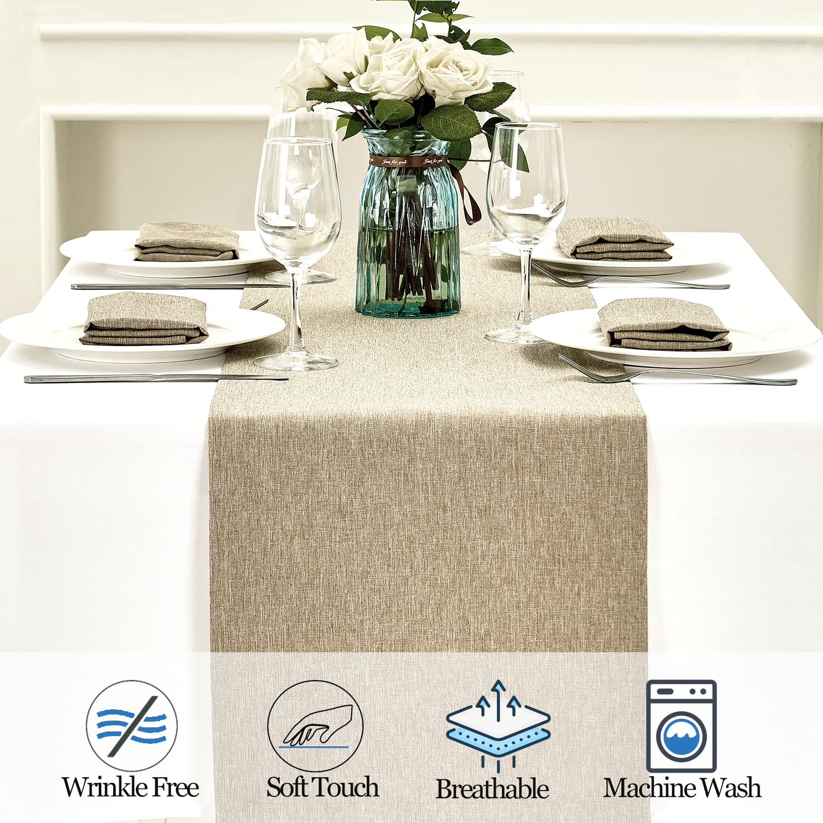 Mebakuk Linen Farmhouse Table Runner Large Burlap Style Soft and Waterproof Decorative Fabric Runner for Outdoor Wedding and Dinner (14 x 36 Inch, Mocha)